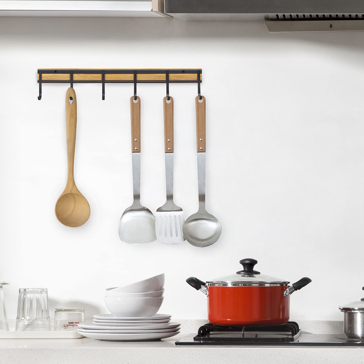 ANGOSUFI Kitchen Utensil Rack, Wall Hooks Rack Kitchen Rail, Wall Mounted Accessory Hanger with 6 Hooks for Kitchen Bathroom Bedroom, Pack of 2