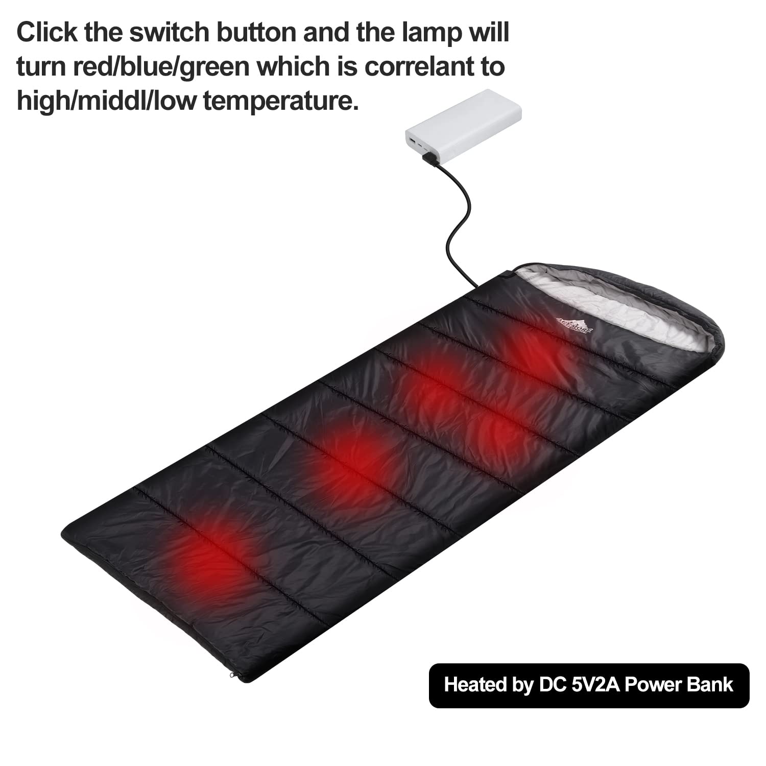 AGEMORE Heated Sleeping Bag for Adults, 5V USB Power Support Waterproof Sleeping Bag with 5pcs Heating Plate, Heating Sleeping Bag for Camping, Backpacking or Hiking (Power Bank not Included)