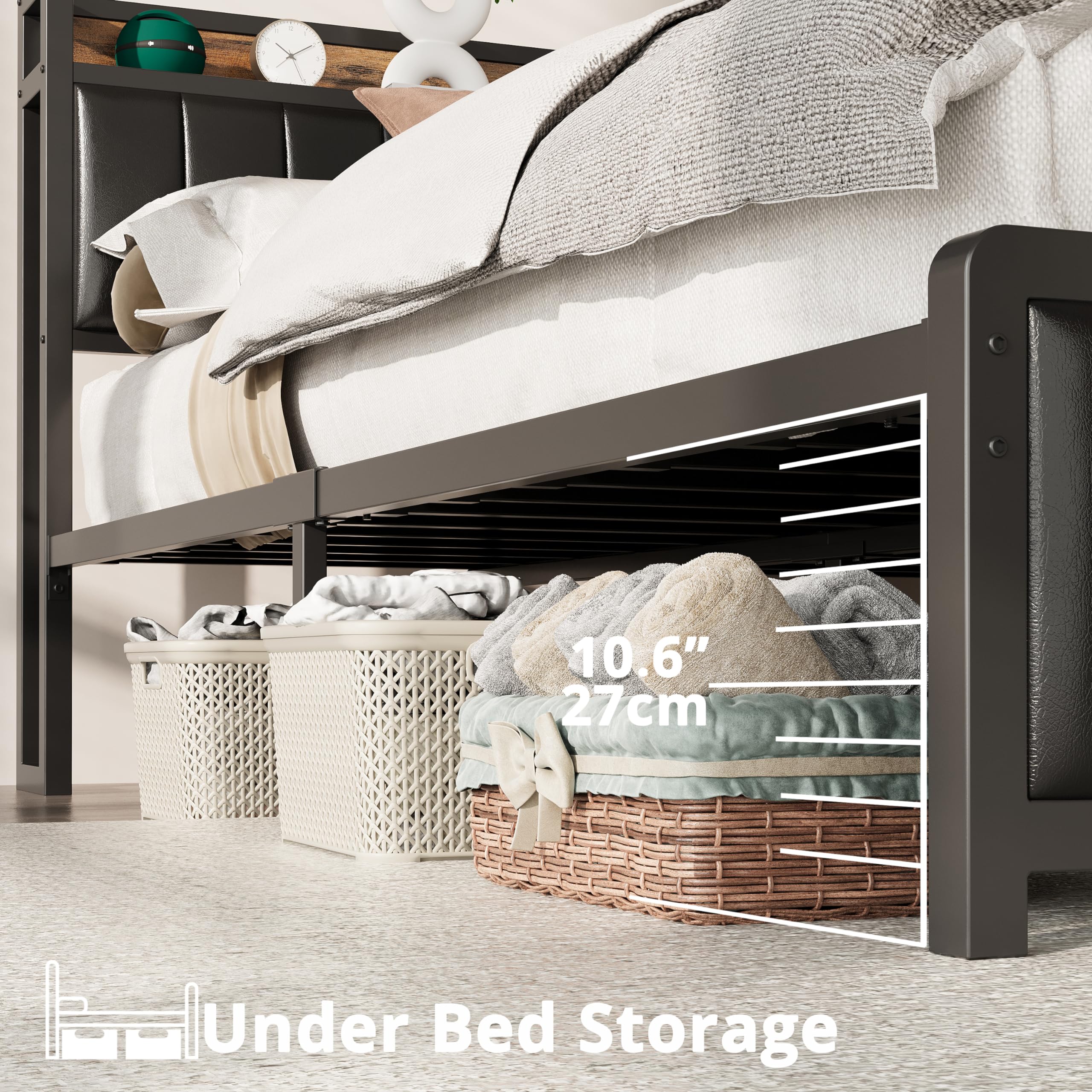 ANCTOR Queen Bed Frame with Storage Headboard & Footboard, Upholstered Platform Bed with USB Ports & Outlets, Strong Steel Slats Support Mattress Foundation, No Box Spring Needed