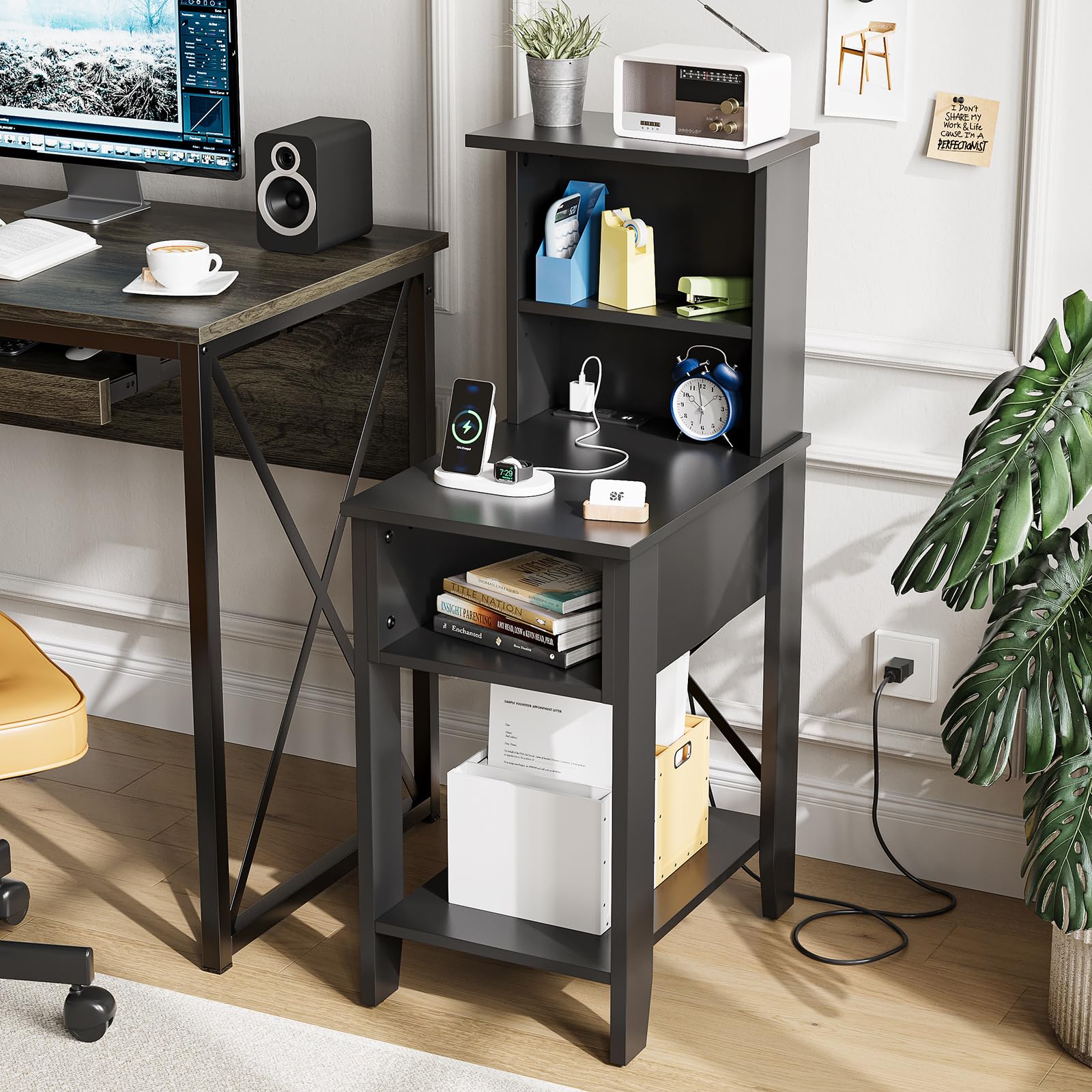 Bestier Tall Bedroom End Tables Set of 2 Two Nightstands Set of 2 Two Nightstands Bedside Tables with USB Tall Nightstand with Charging Station Tall Narrow Nightstand with Cabinet Side Table Black