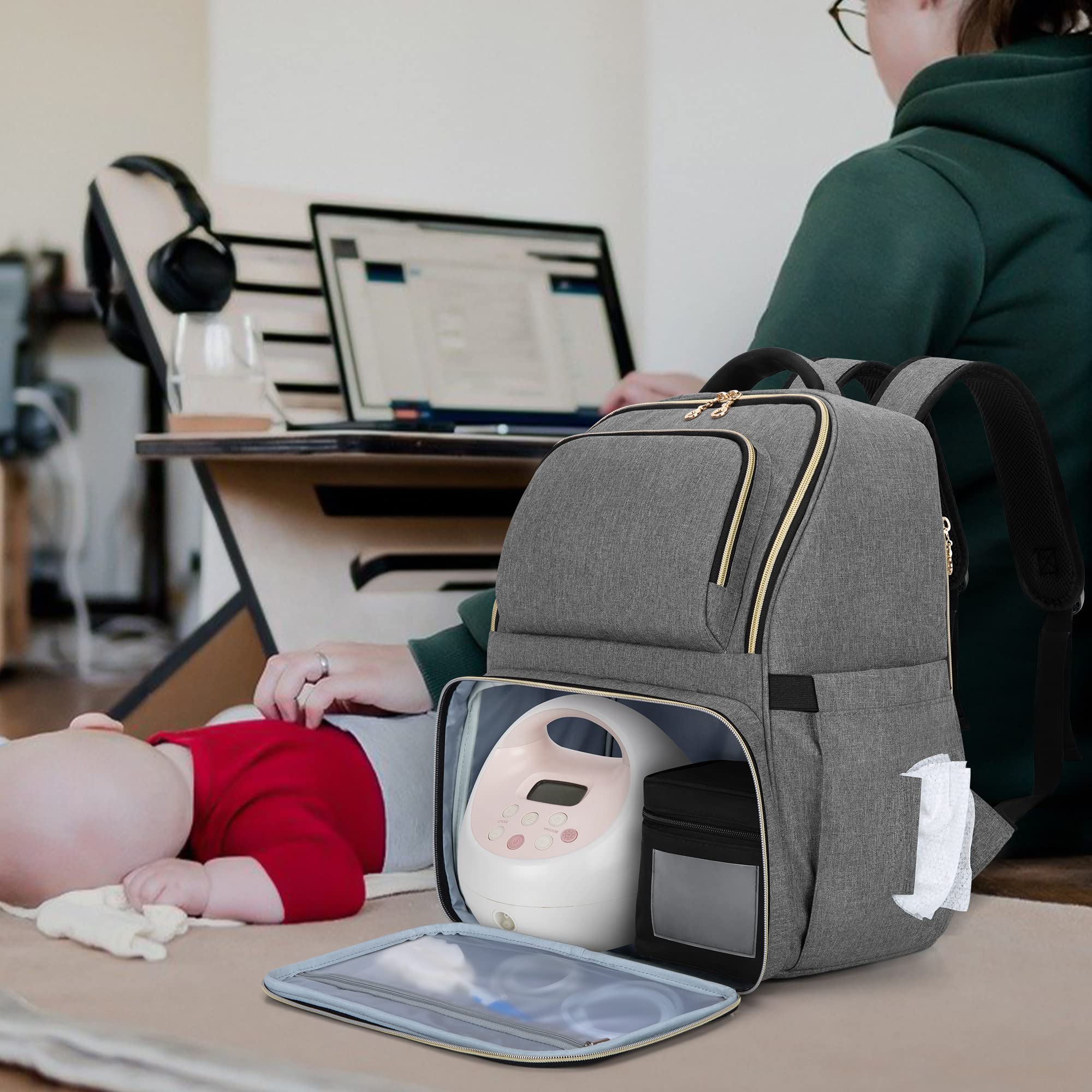 BAFASO Breast Pump Bag with Laptop Sleeve, Breast Pump Backpack Compatible with Spectra S1, S2 and Most Breast Pump Brands (Bag Only), Gray