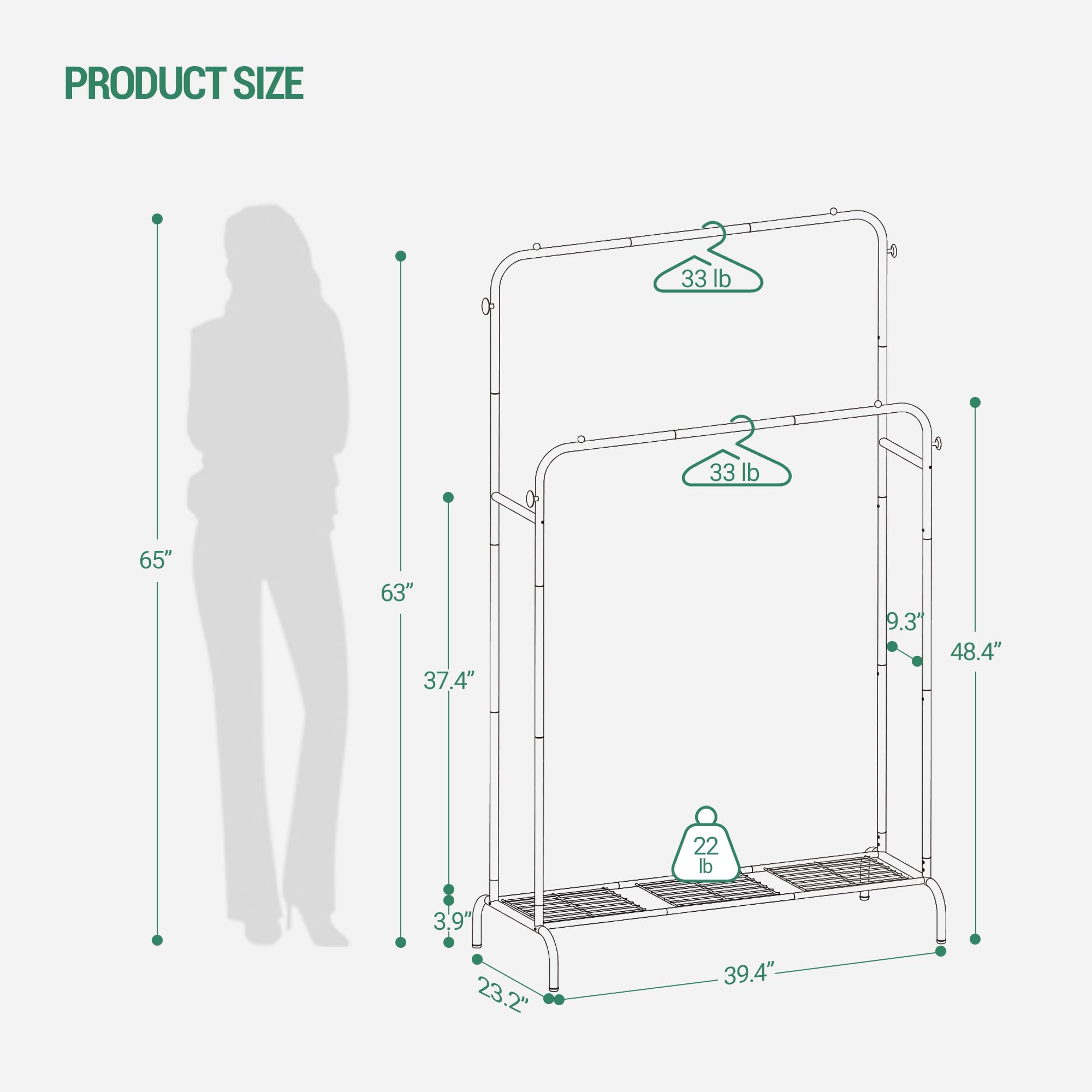 Hzuaneri Clothes Rack, Double Rods Garment Rack with Storage Shelf, Clothing Rack for Hanging Clothes, Metal Frame Clothes Organizer for Bedroom, Living Room, Black GR34099B