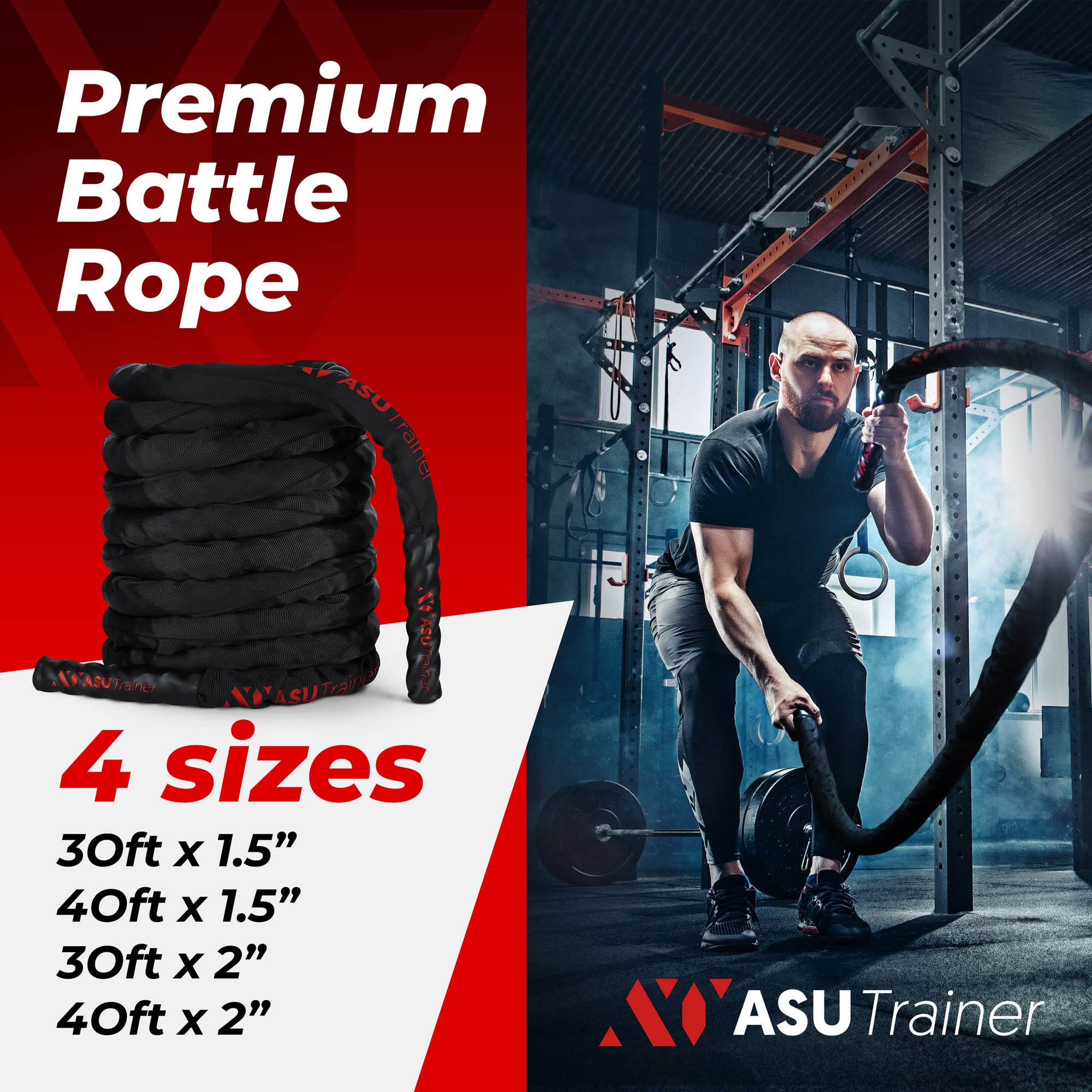 ASU Trainer Poly Dacron Weighted Battle Ropes for Home Gym β Indoor/Outdoor Workout Rope with Sleeve, Heat-Shrink Handles, & Anchor Kit β Exercise Rope for Training/Fitness/Boxing, Army Battle Rope