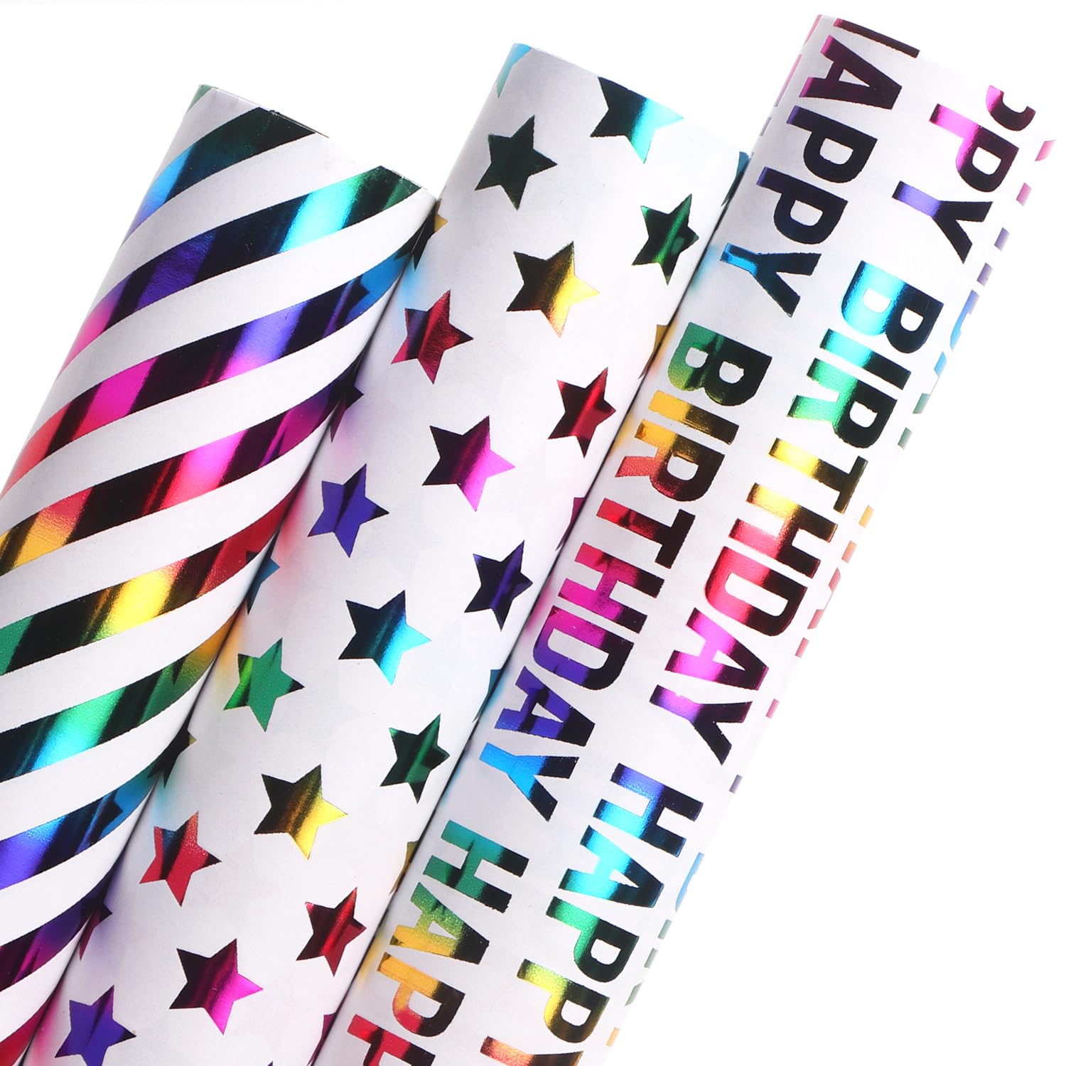 Ribbli Birthday Wrapping Paper Iridescent Gift Wrap Mini Roll, 3 Rolls Happy Birthday Stars Stripes Printed for Boys Kids - 17 inch x 120 inch(10feet) Per Roll