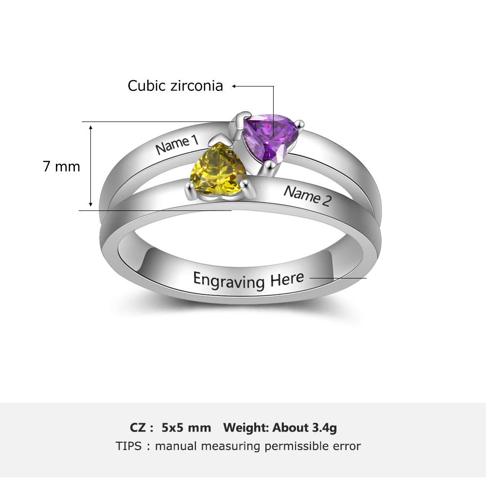 Ashleymade Heart Promise Rings for Her Personalized 2 Names 2 Simulated Birthstone Mother Daughter Rings Engagement Rings for Women (Silver, 9)