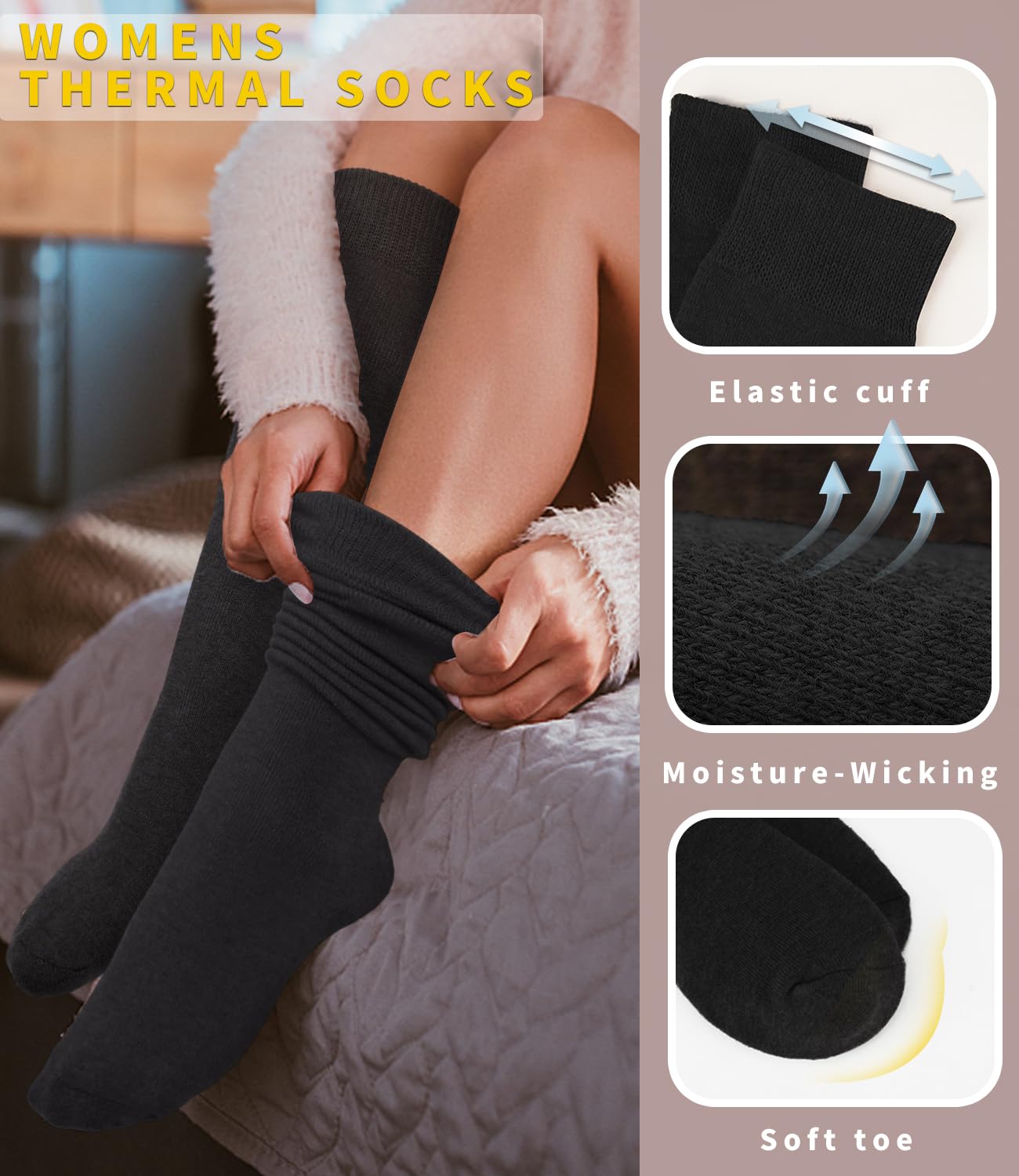 Aoliks Black Warm Socks for Women,Thermal Knee High Socks Cotton Long Socks for Running Hiking Skiing Gifts