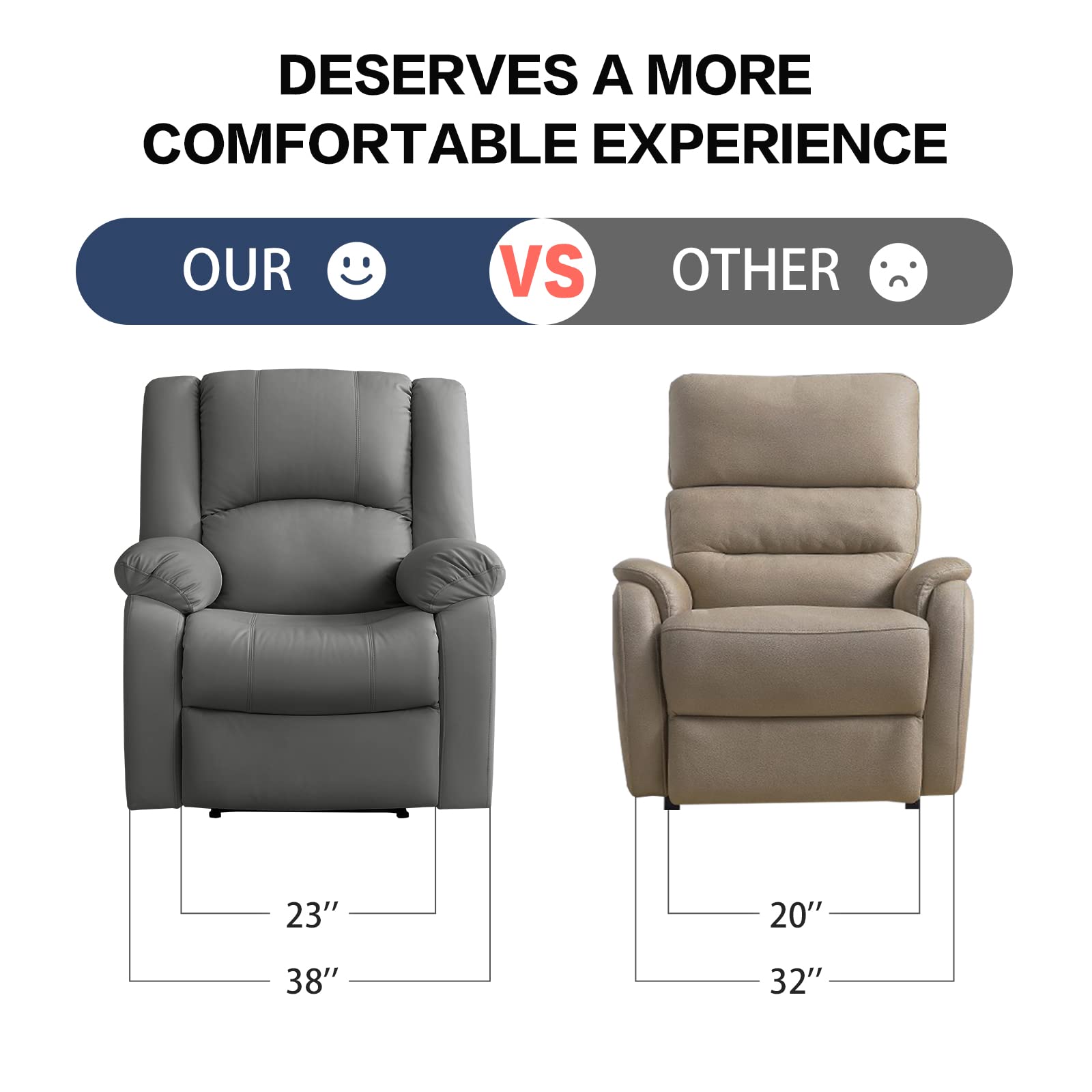 ASHOMELI Large Real Leather Recliner Chair, 150 Degree Tilt, Living Room Bedroom Sofa Recliner (Dark Grey)