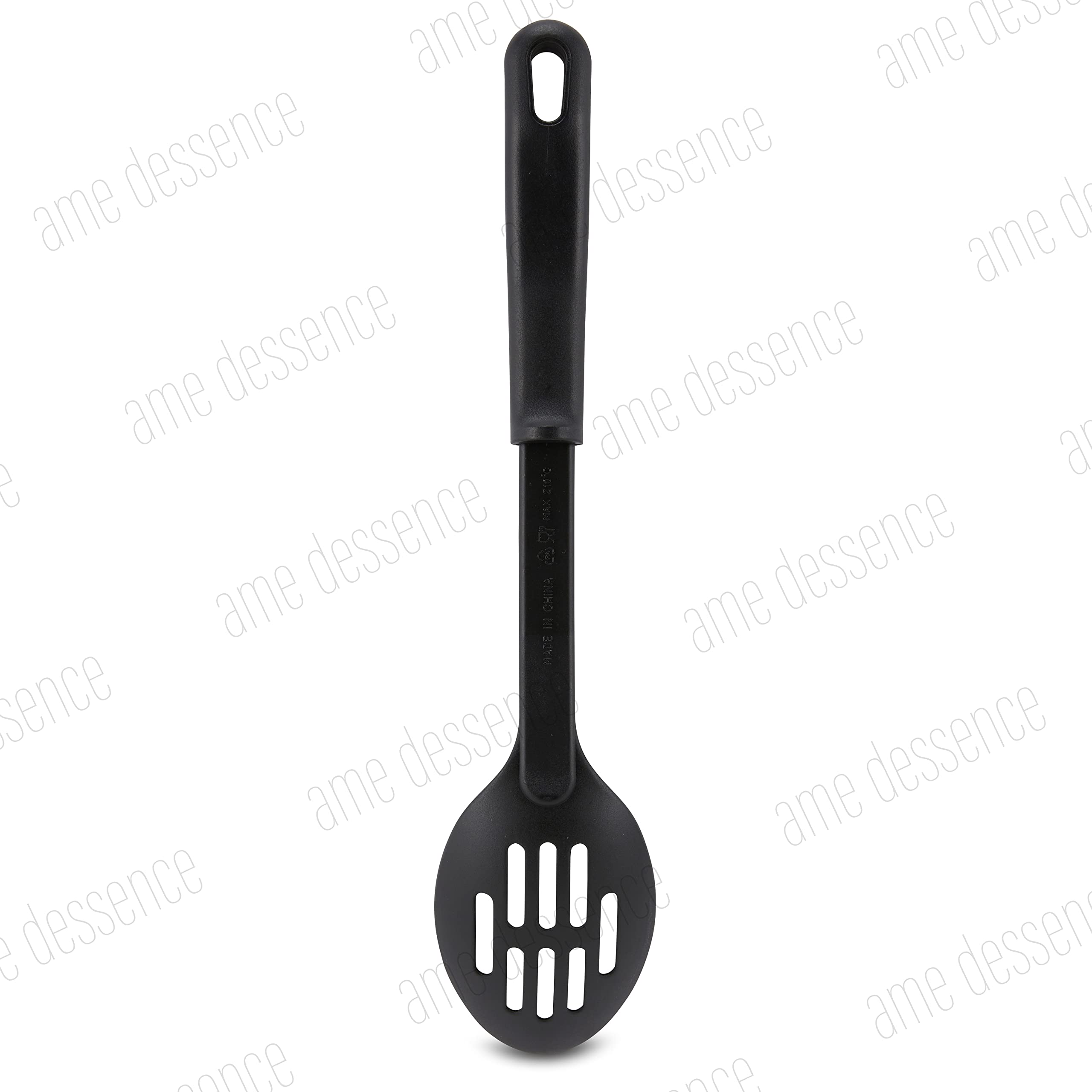 AME D'ESSENCE Slotted Cooking Spoon 11 1/2 inch Black Nylon 410ºF Heat Resistant Serving Spoon with Ergonomic Handle Kitchen Gadgets for Straining
