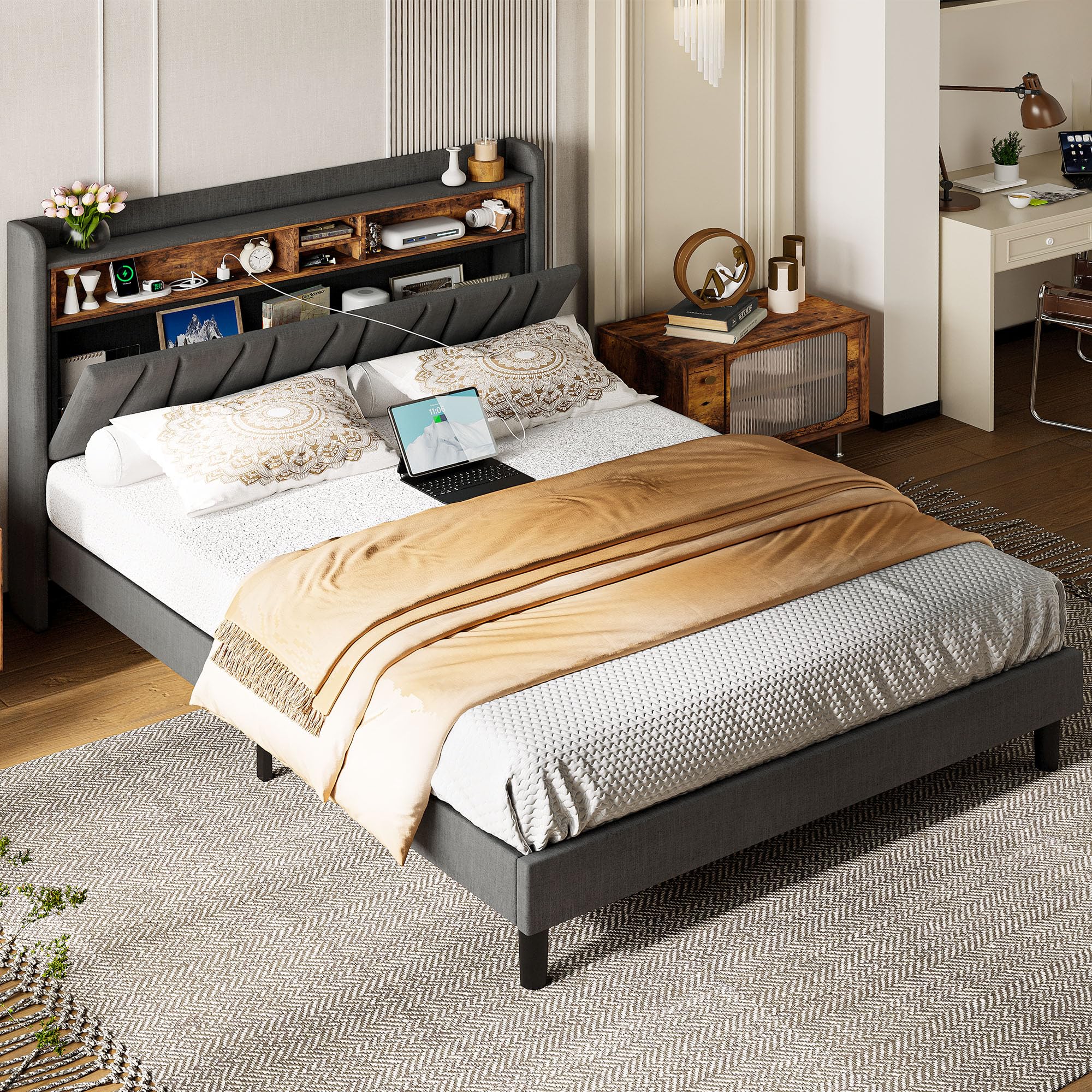 ANCTOR Full Bed Frame with Charging Station, Full Size Bed Frame with Storage Headboard, Modern Upholstered Platform Bed with Shelf Headboard, Easy Assembly, Noise-Free, Dark Grey