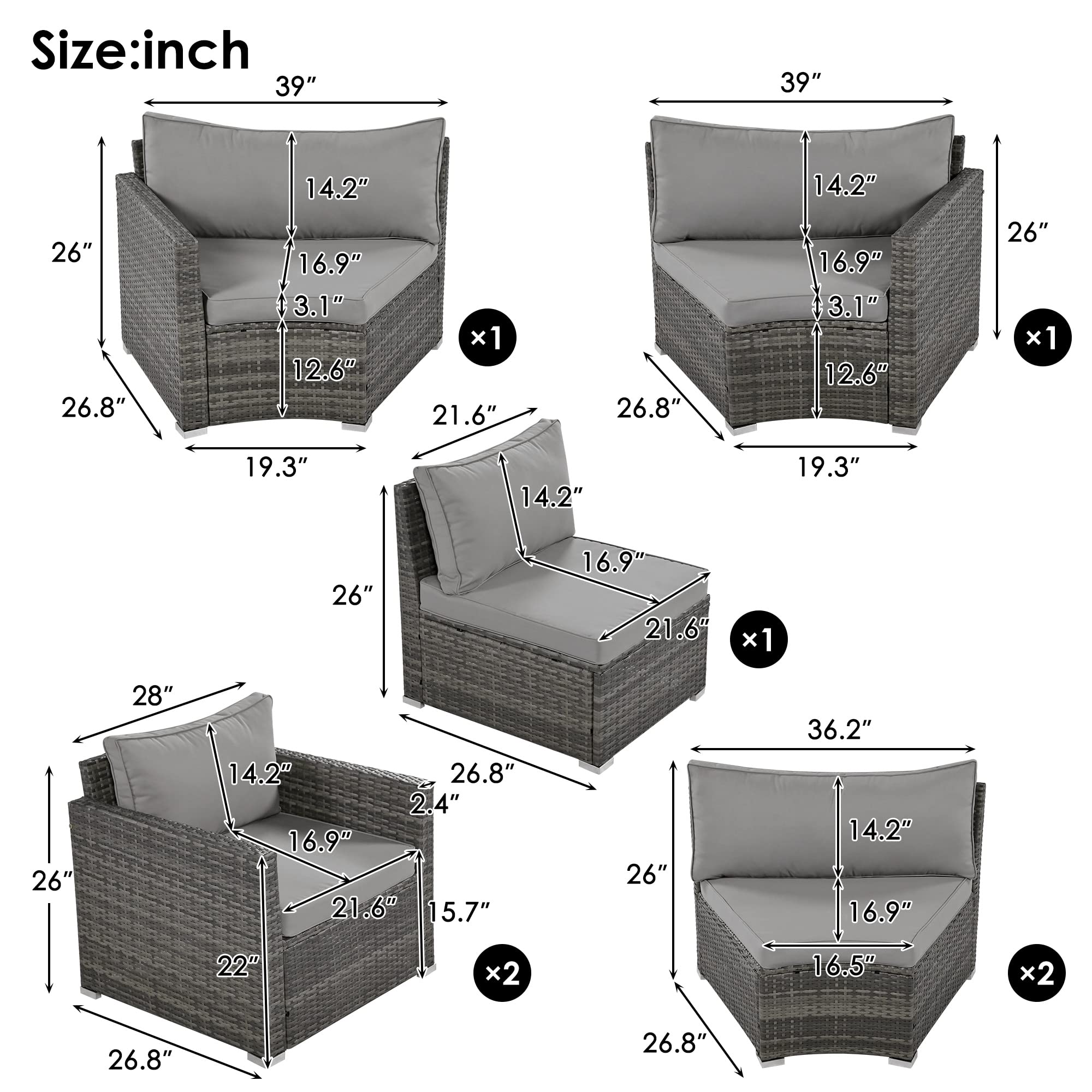 Bellemave 9-Piece Patio Sectional Set Half-Moon Sofa Set Gray Wicker Curved Outdoor Sofa with Gray Cushions & Nesting Coffee Table, All-Weather PE Wicker Semi-Circular Couch