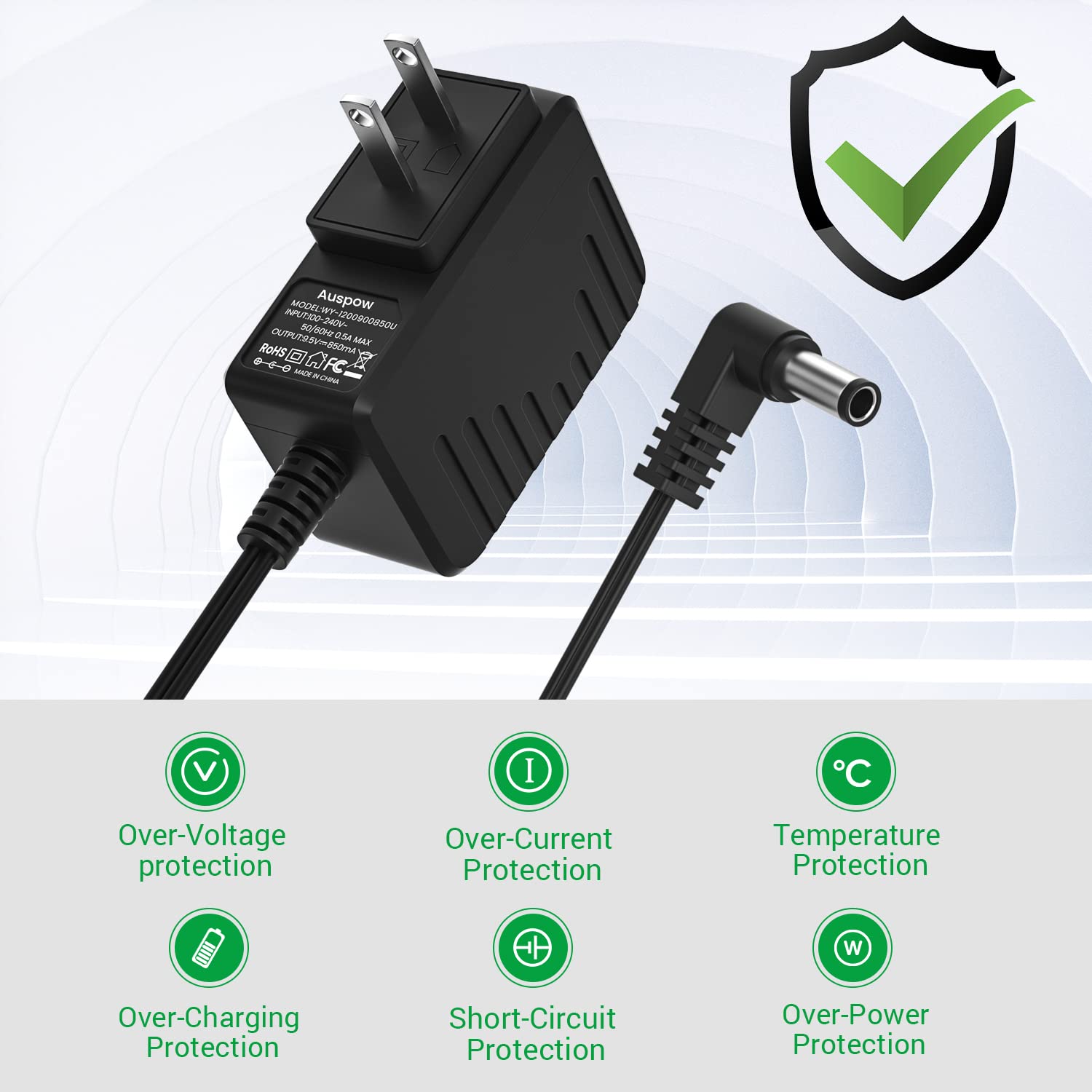 Auspow 9V 850mA Power Supply for Guitar Pedals and AC DC 9V Power Cord, 9V Adapter for BOSS Effects Pedal, Roland Musical Instruments, Distortion, Casio Keyboard, PSA-120, Center Negative