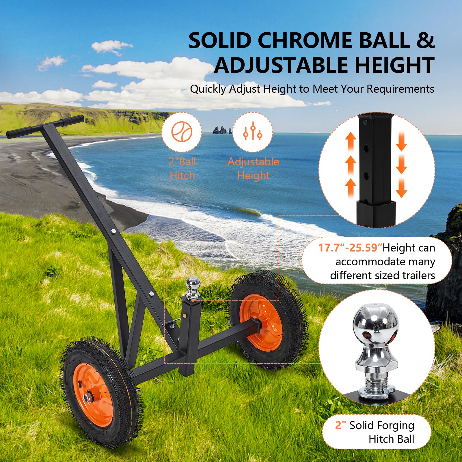 Adjustable Trailer Dolly, 600lbs Load Capacity, Carbon Steel Trailer Mover with 17.71''-26'' Adjustable Height, 12" Pneumatic Tires for Moving Boat Trailers/Utility/RV/Cargo Trailers