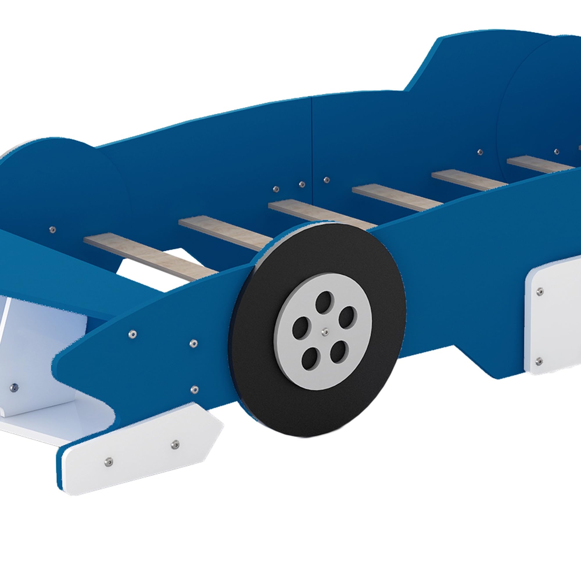 Bellemave Twin Size Race Car Bed for Kids,Wood Car-Shaped Platform Bed with Storage Shelves,Car Bed Twin with Wheels for Boys,Girls,(Twin,Blue)