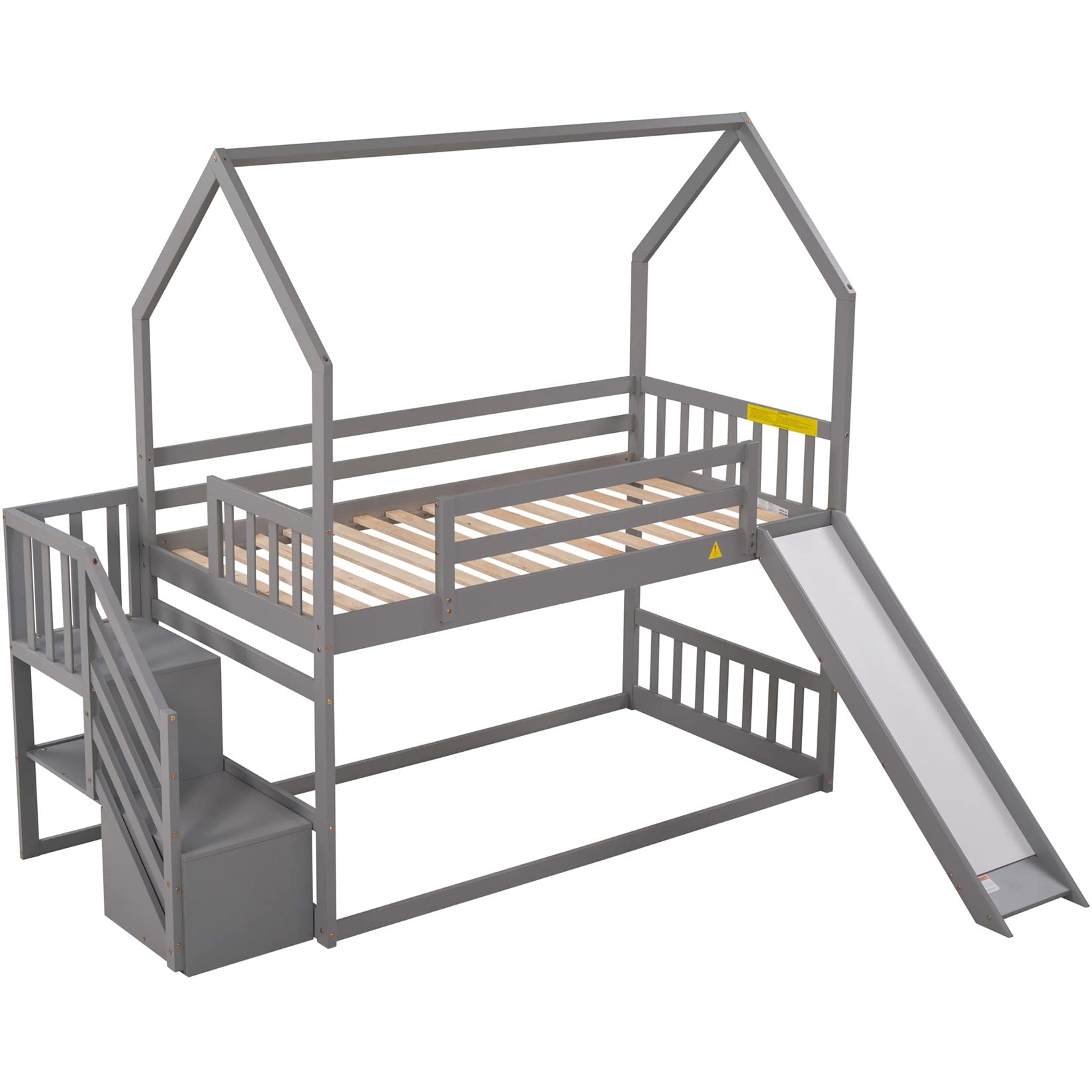 Bellemave House Bunk Beds with Stairs and Slide Low Twin Over Twin Solid Wood Floor Bunk Bed for Kids Girls Boys Teens, Gray