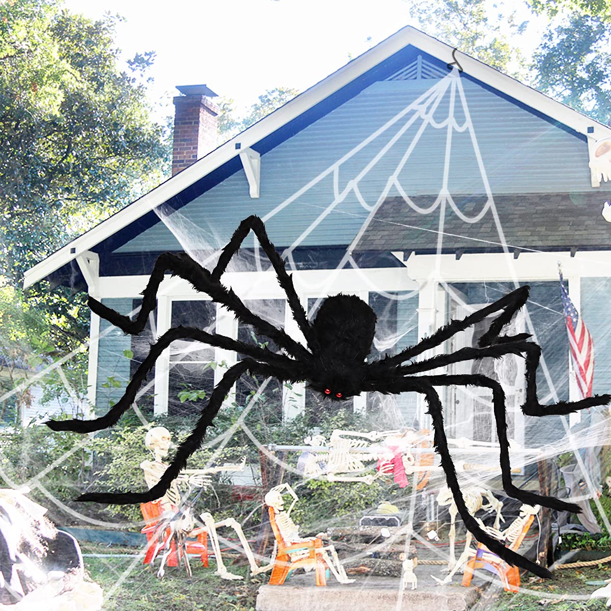 Apfity 2 Pack Halloween Decorations Spiders, Hairy Giant Spiders for Scary Halloween Decor Outdoor Wall Yard House, (6.5 FT + 5 FT)