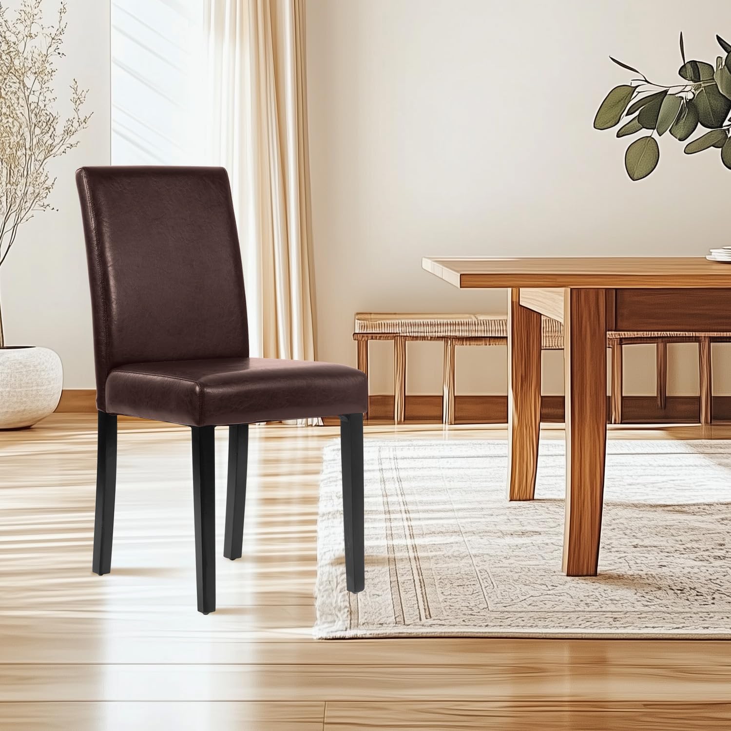 FDW Dining Chairs Set of 4, Dining Room Chairs Kitchen Chairs,Side PU Cushion Chairs with Waterproof Surface and Wood Legs,for Kitchen Restaurant and Living Room,Leather Brown