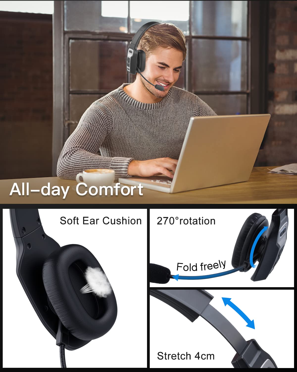 ASIAMENG Bluetooth Headset with USB Dongle/Adapter, Single-Ear Wireless Headset with Noise Cancelling Microphone Mute Button Large Battery for Computer PC Laptop Cell Phones Trucker Office Home