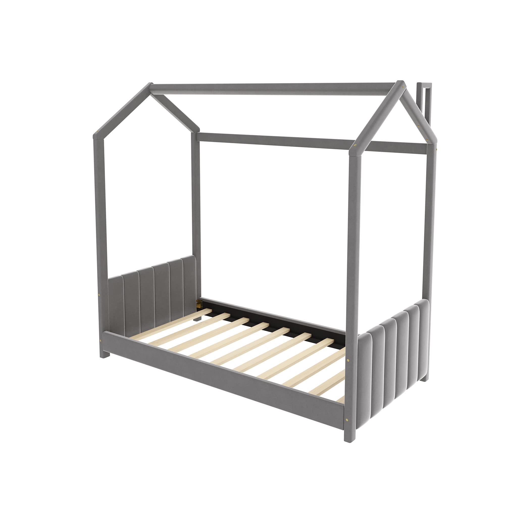 Bellemave House Beds Twin Size Velvet Montessori Bed for Kids Upholstered Floor Bed Frame with Headboard & Footboard for Girls Boys Teens, Gray
