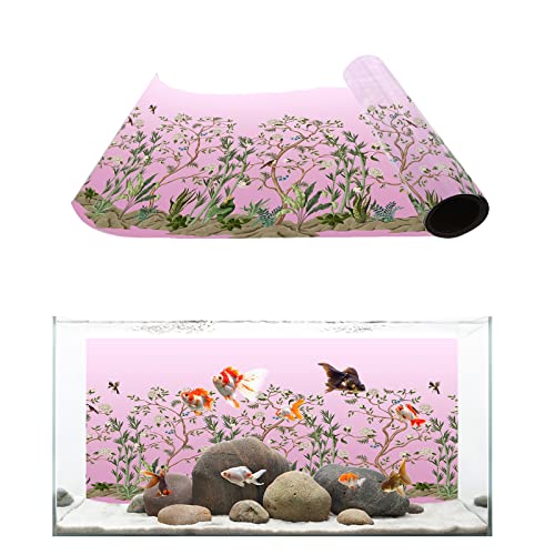 Aquarium Background Flower 24.4x48.8 inch Fish Tank Background PVC Fish Backdrop Wallpaper for Background Aquarium Fall Plants Leaves and Birds Pink Gradient