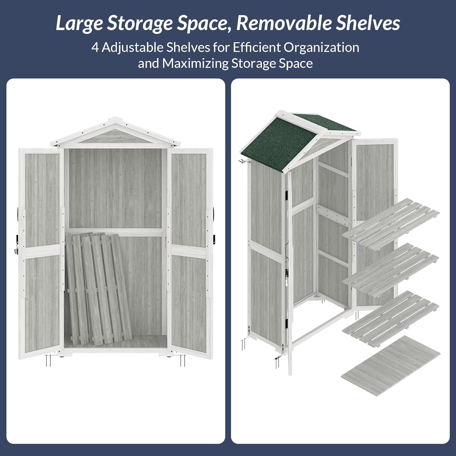 BELLEZE Outdoor Storage Cabinet with 4 Removeable Shelves, Wooden Garden Tall Storage Shed Lockable Tool Storage Cabinet with Waterproof Roof, Outside Tool Shed for Patio Lawn Yard Backyard - Gray