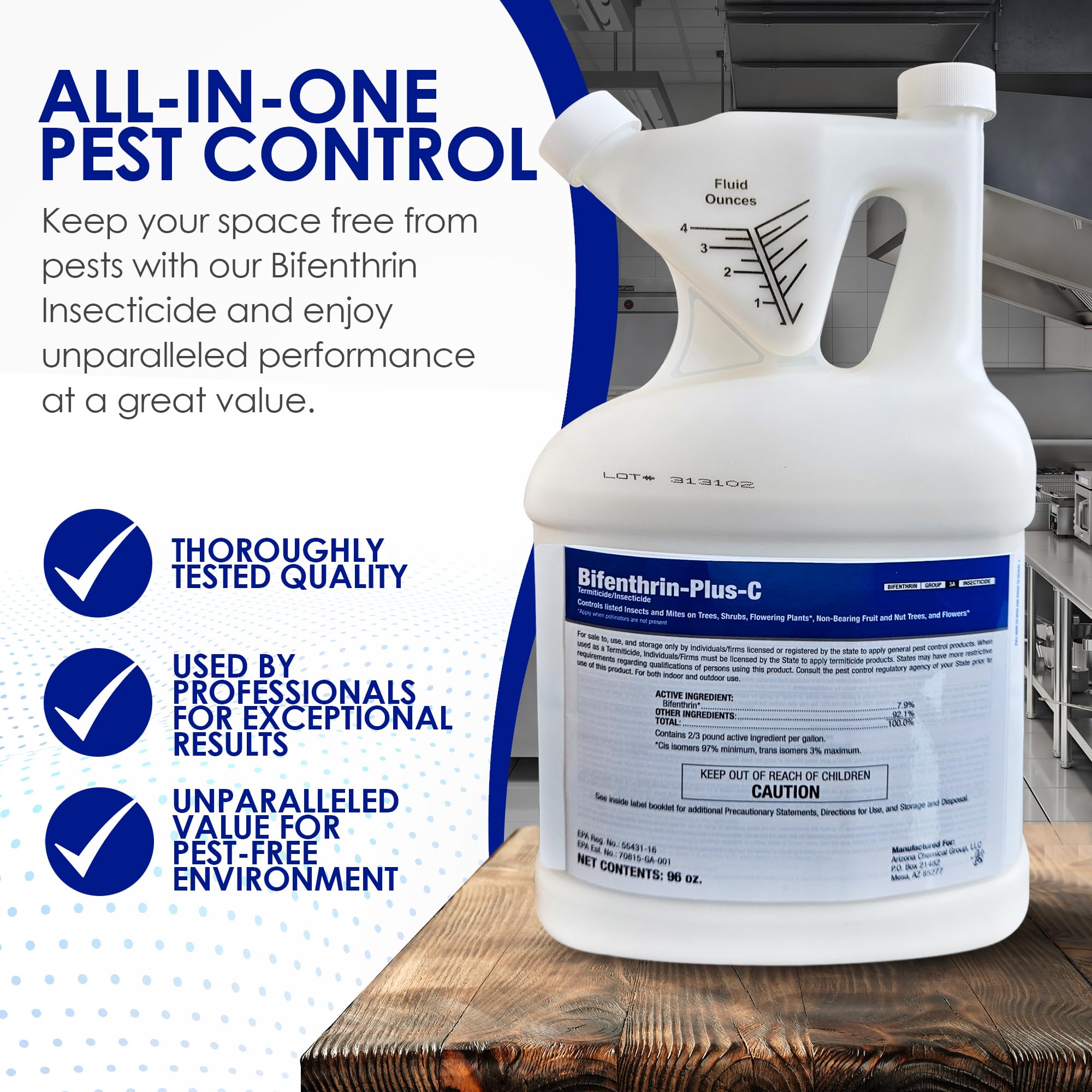 Bifenthrin-Plus-C Insecticide Termiticide (96 oz) | Roach Killer, Termite Treatment, Ant Control & Mosquito, Wasp Spray | Home Defense Pest Control | Residential, Commercial & Industrial Use