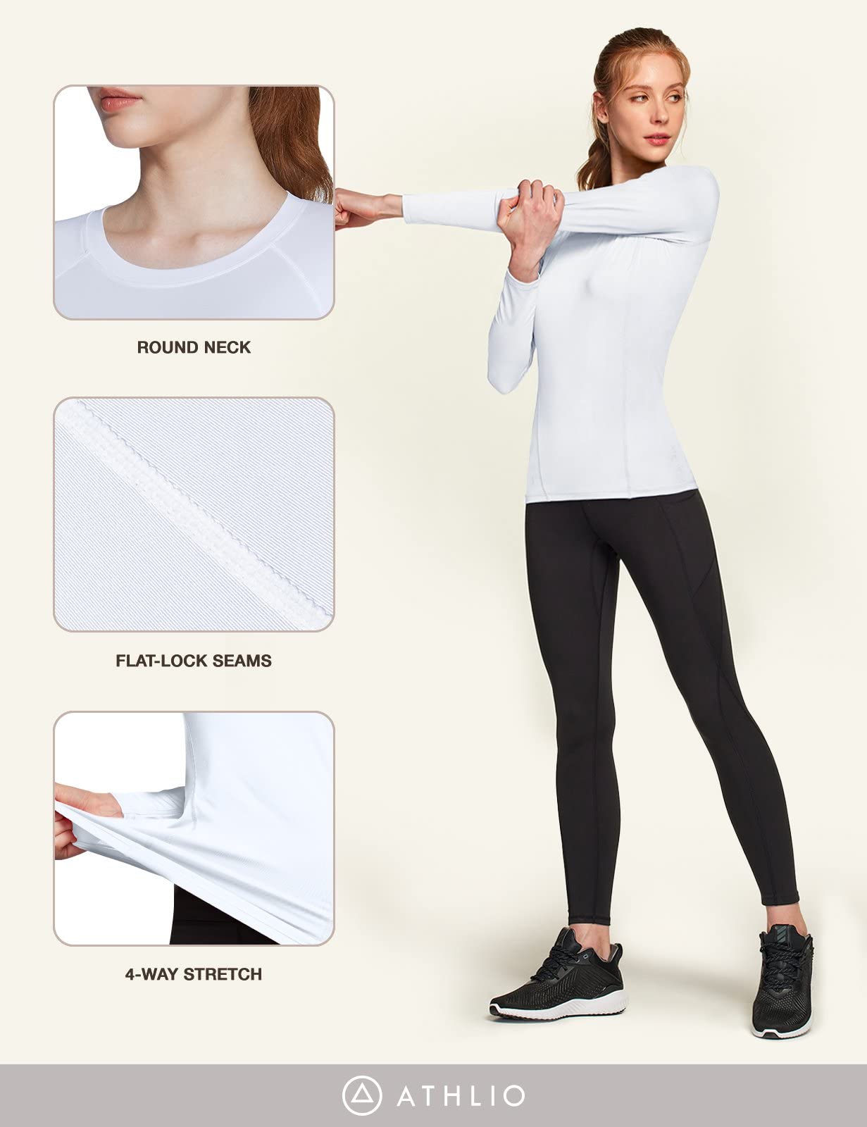 ATHLIO Women's Sports Compression Shirt, Cool Dry Fit Long Sleeve Workout Tops, Athletic Exercise Gym Yoga Shirts, 2pack White/White, X-Small