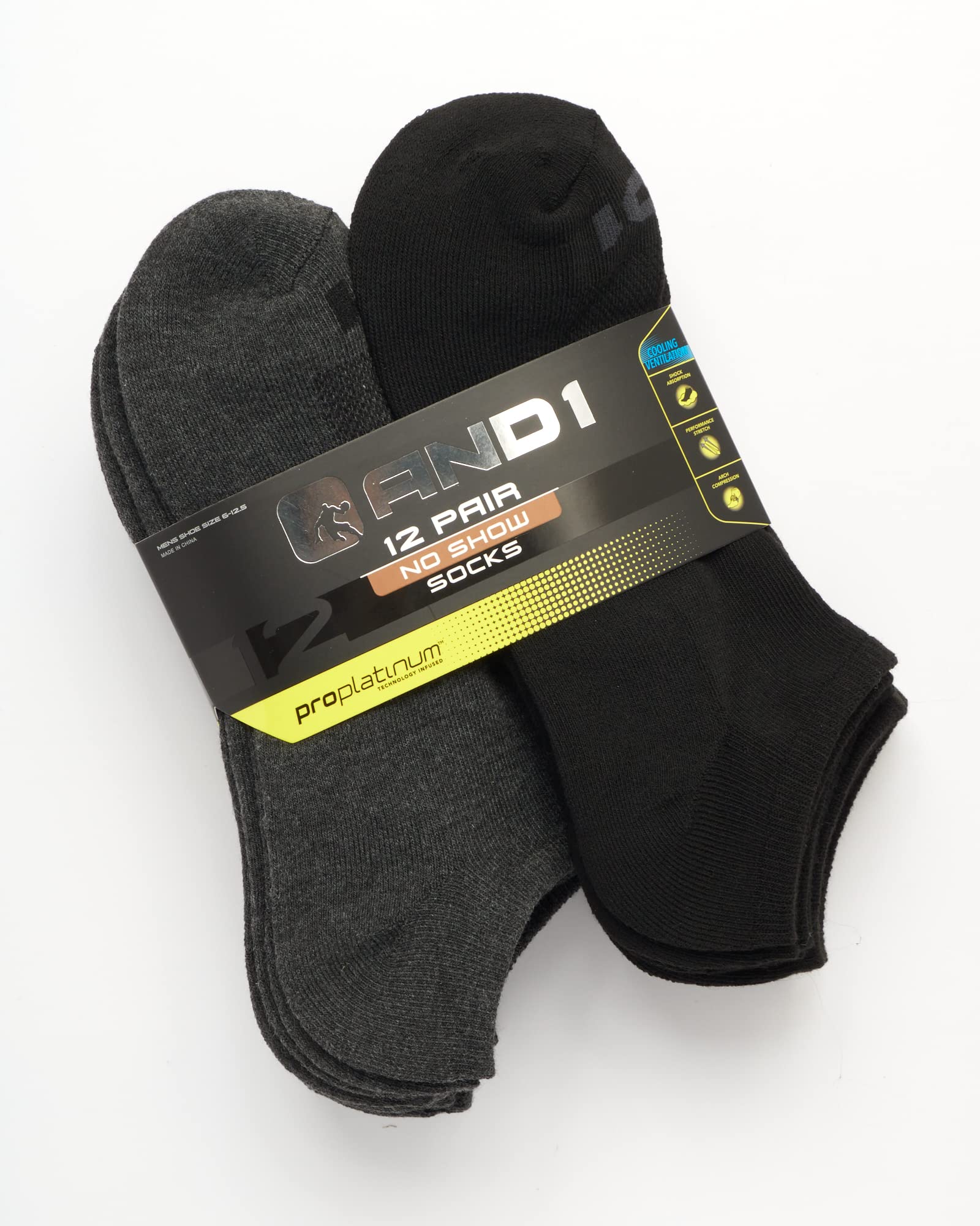 AND1 Men's Athletic Arch Compression Cushion Comfort No Show Socks (12 Pack), Size 6-12.5, Grey/Black