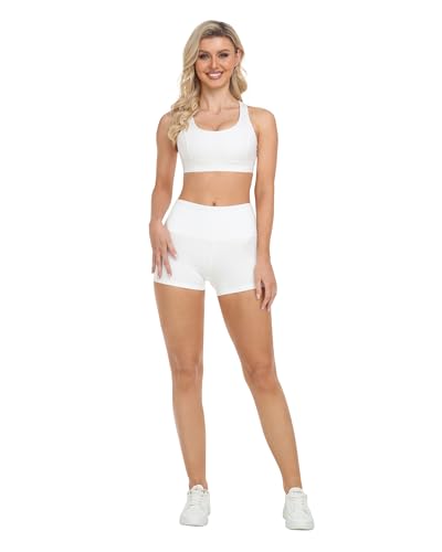ATHVOTAR Spandex Biker Yoga Shorts Women, 3'' / 5'' / 10'' High Waisted Booty Workout Shorts(3" White,L)
