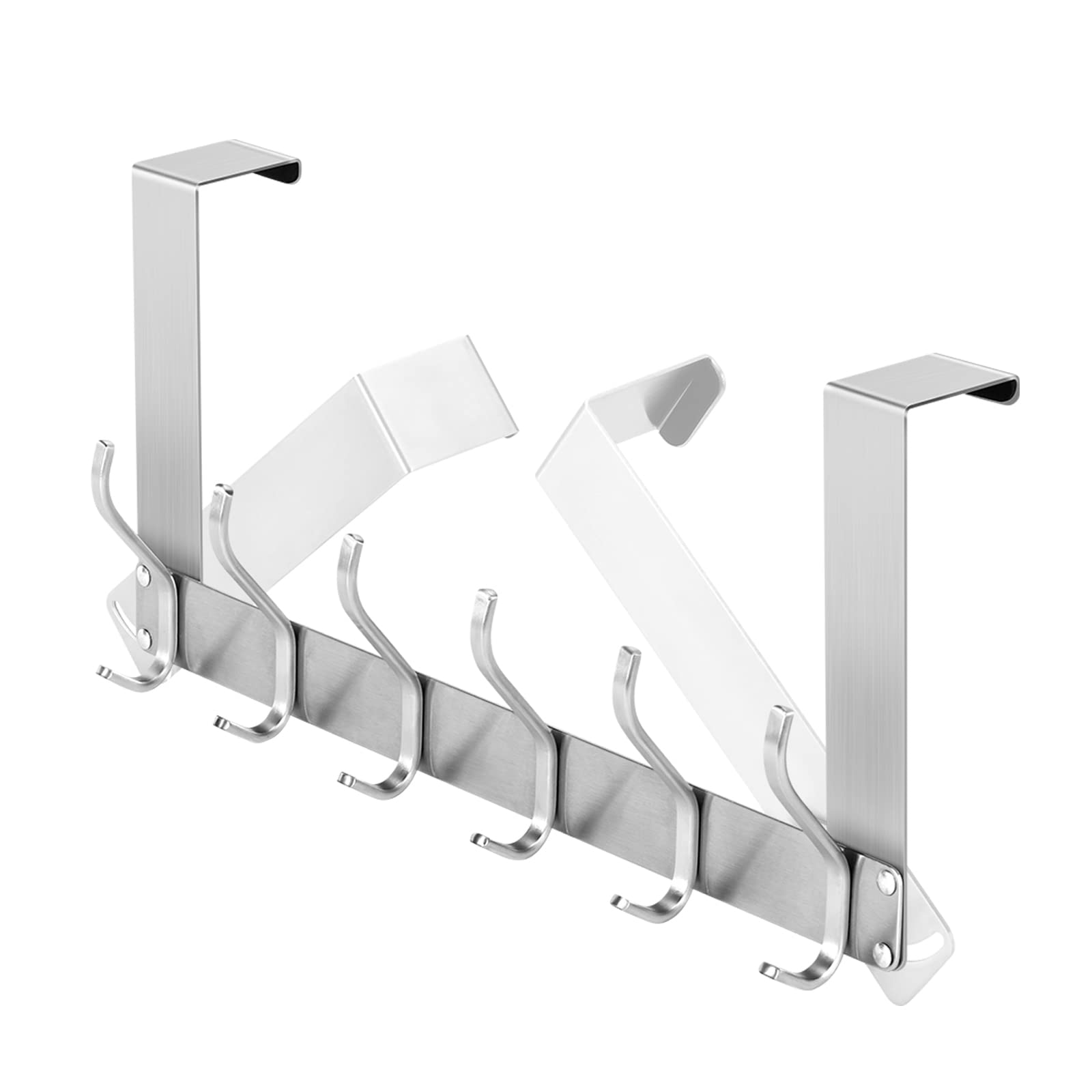 AngLink Over The Door Hook - Folding Stainless Steel Hooks Hanger Heavy Duty Rack for Hanging Towel Coats Clothes Hats Bags Bathroom | Silvery