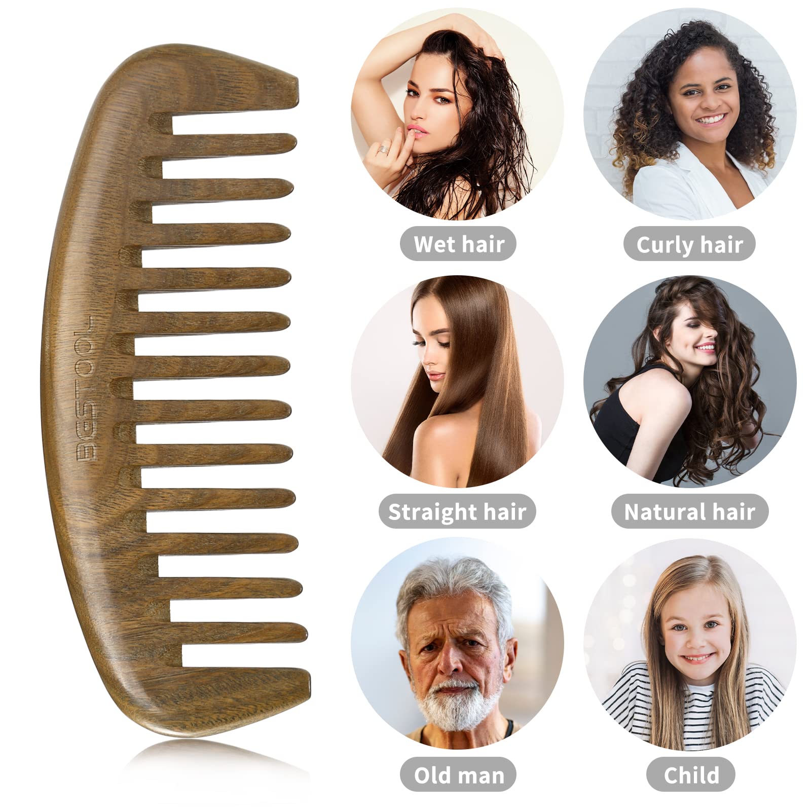 BESTOOL Wide Tooth Comb,Extra Large Sandalwood Wide Tooth Comb 100% Natural Sandalwood Comb Detangler for Curly Long Thick Wet or Dry Hair Anti-static