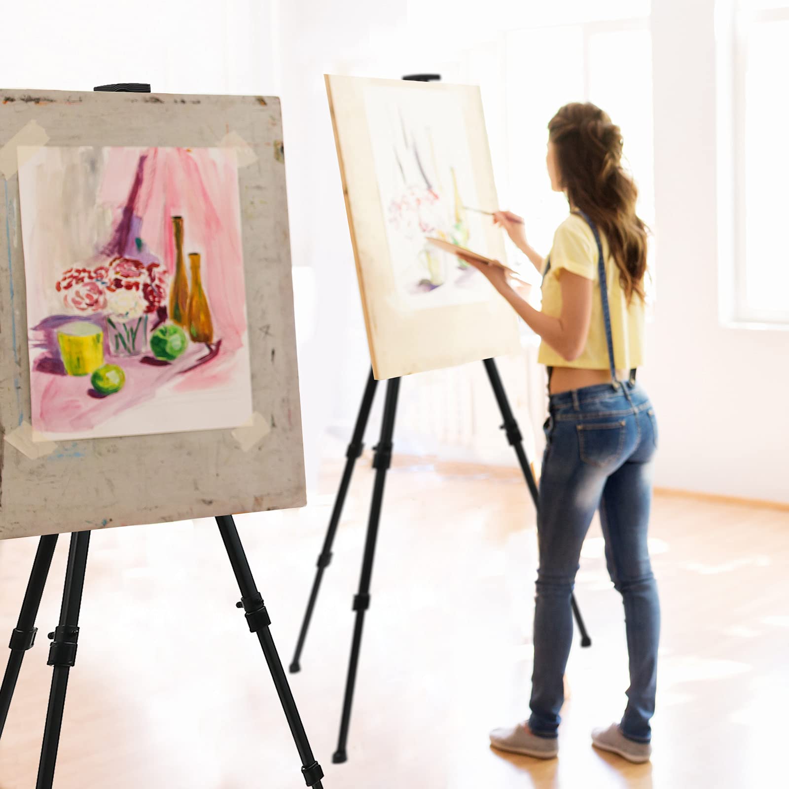 Artist Easel Stand,Extra Thick Aluminum Metal Tripod Display Easel 17 to 56 Inches Adjustable Height with Portable Bag for Floor/Table-Top Drawing and Displaying