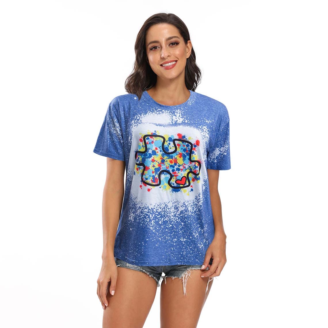Autism Awareness T Shirt Women Autistic Support Graphic Tee Shirt Casual Puzzle Piece Bleached Tee Tops Bleached-Blue