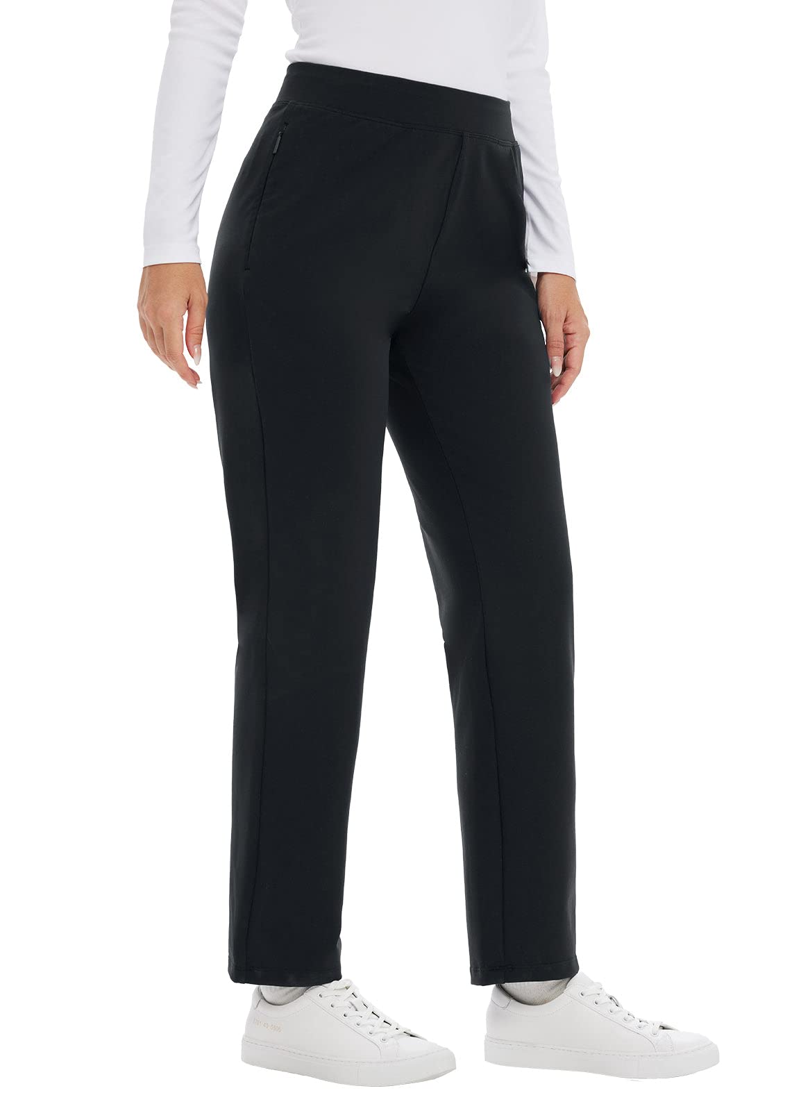 BALEAF Women's Straight Leg Golf Pants Stretch Sweatpants Pull-on Dress Work Pants with Zipper Pockets Black XS