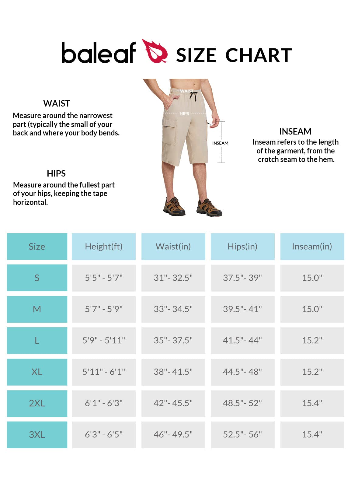 BALEAF Men's Long Shorts Below Knee 15" Capri Pants Hiking Cargo Pockets Quick Dry Lightweight Elastic Waistband Gym Khaki L
