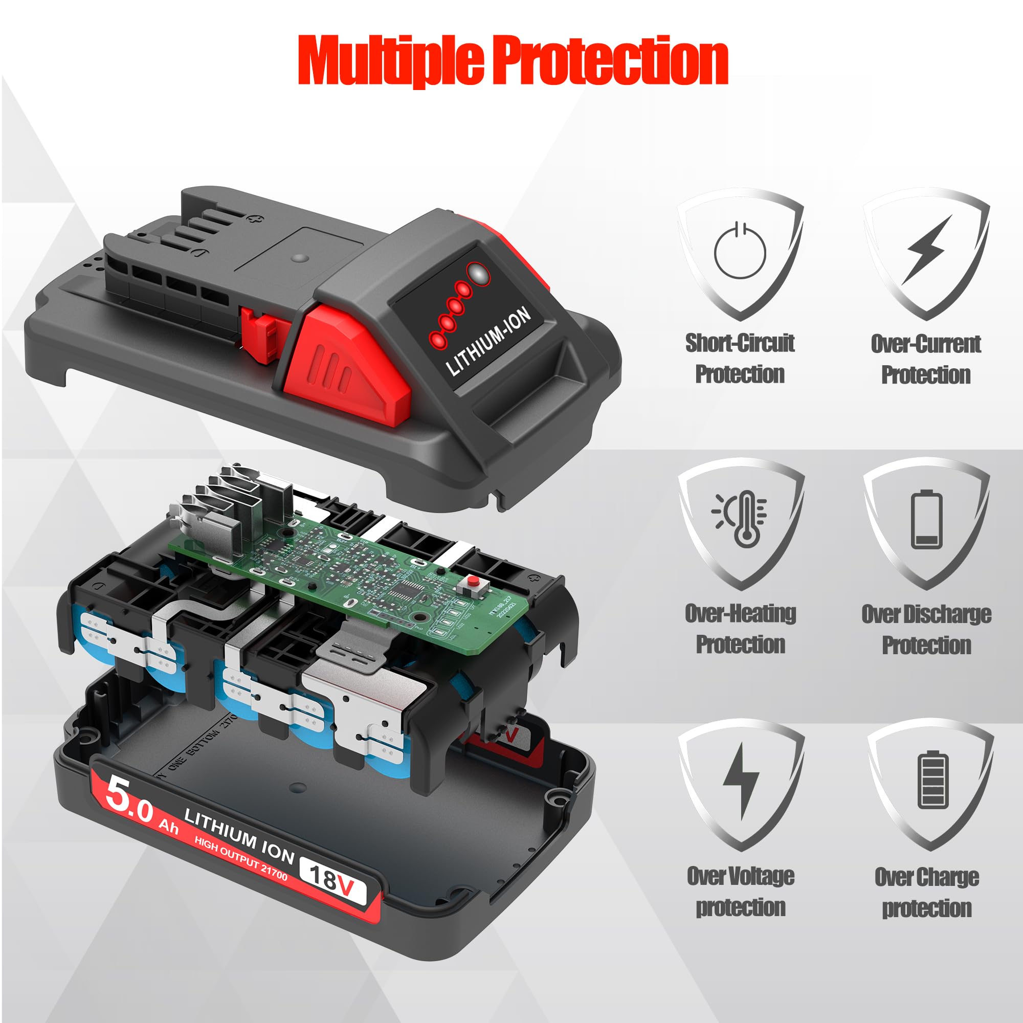 PEYESTEN 2 Packs High Output 5.0 Ah 18V Battery Replace for Milwaukee M18 Battery, Compatible with Milwaukee M18 Battery 48-11-1812 48-11-1852 Cordless Power Tools and Original Charger.