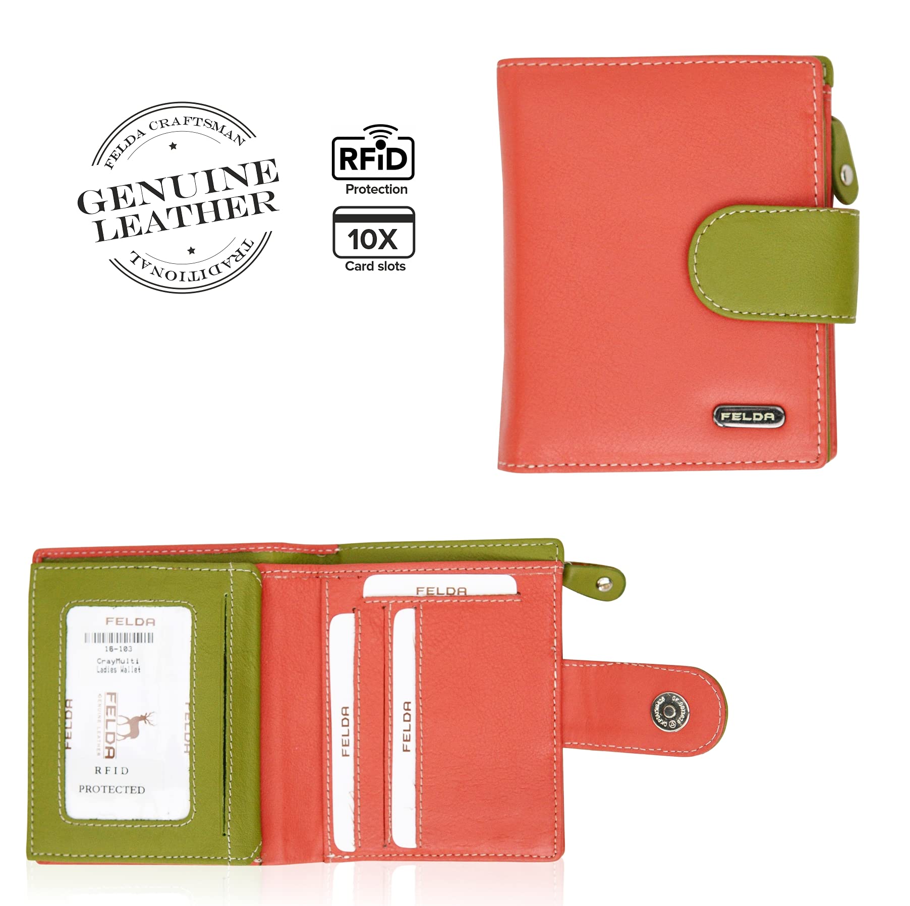 Felda RFID Genuine Leather Ladies Soft Wallet Purse Womens Multi Colour 10 Card Slot (Cray Multi)