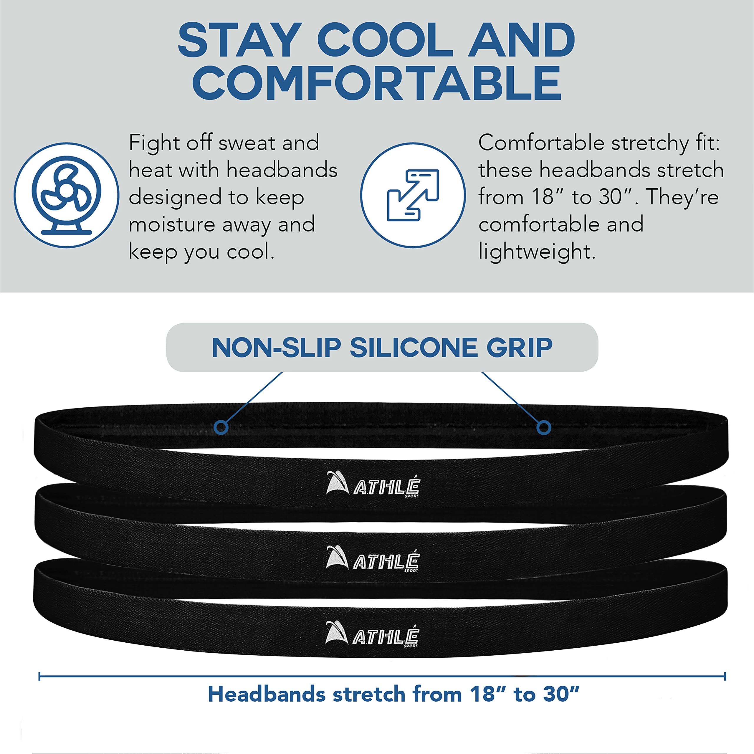 Athlé Skinny Headbands for Women and Men - 6 Pack - Elastic Headbands for Women and Men - Non Slip Silicone Grip - Lightweight and Comfortable Thin Headbands - Black