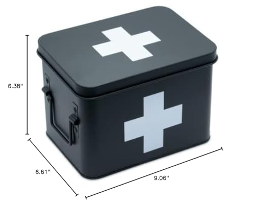 AQ - Matte Black & White First Aid Box, First Aid Kit Tin with Compartments, Side Handle & Minimalist Design, Portable First Aid Tin for Your Car, Camping, Office, Clinics, Keep Supplies Organized