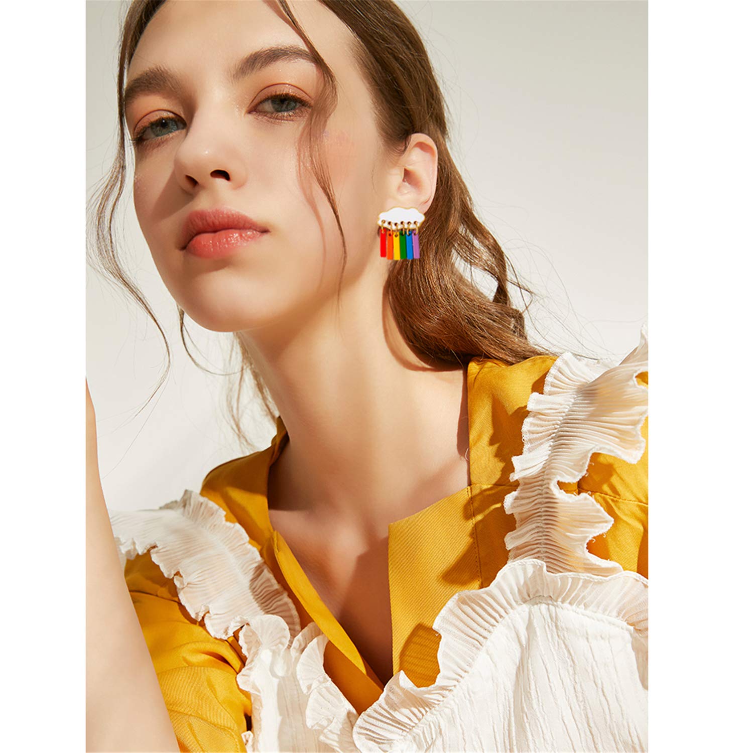 ANDPAI 14k Gold Colorful Enamel Rainbow White Clouds Dangle Drop Stud Earrings with Silicone Coated Push Backs for Women (Color)