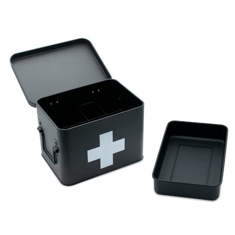 AQ - Matte Black & White First Aid Box, First Aid Kit Tin with Compartments, Side Handle & Minimalist Design, Portable First Aid Tin for Your Car, Camping, Office, Clinics, Keep Supplies Organized