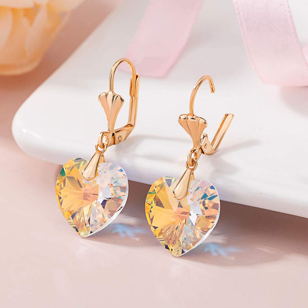 Austrian Crystal Heart Drop Leverback Earrings for Women Fashion Dangle Earring 14K Rose Gold Plated Hypoallergenic Jewelry (Aurora Borealis)