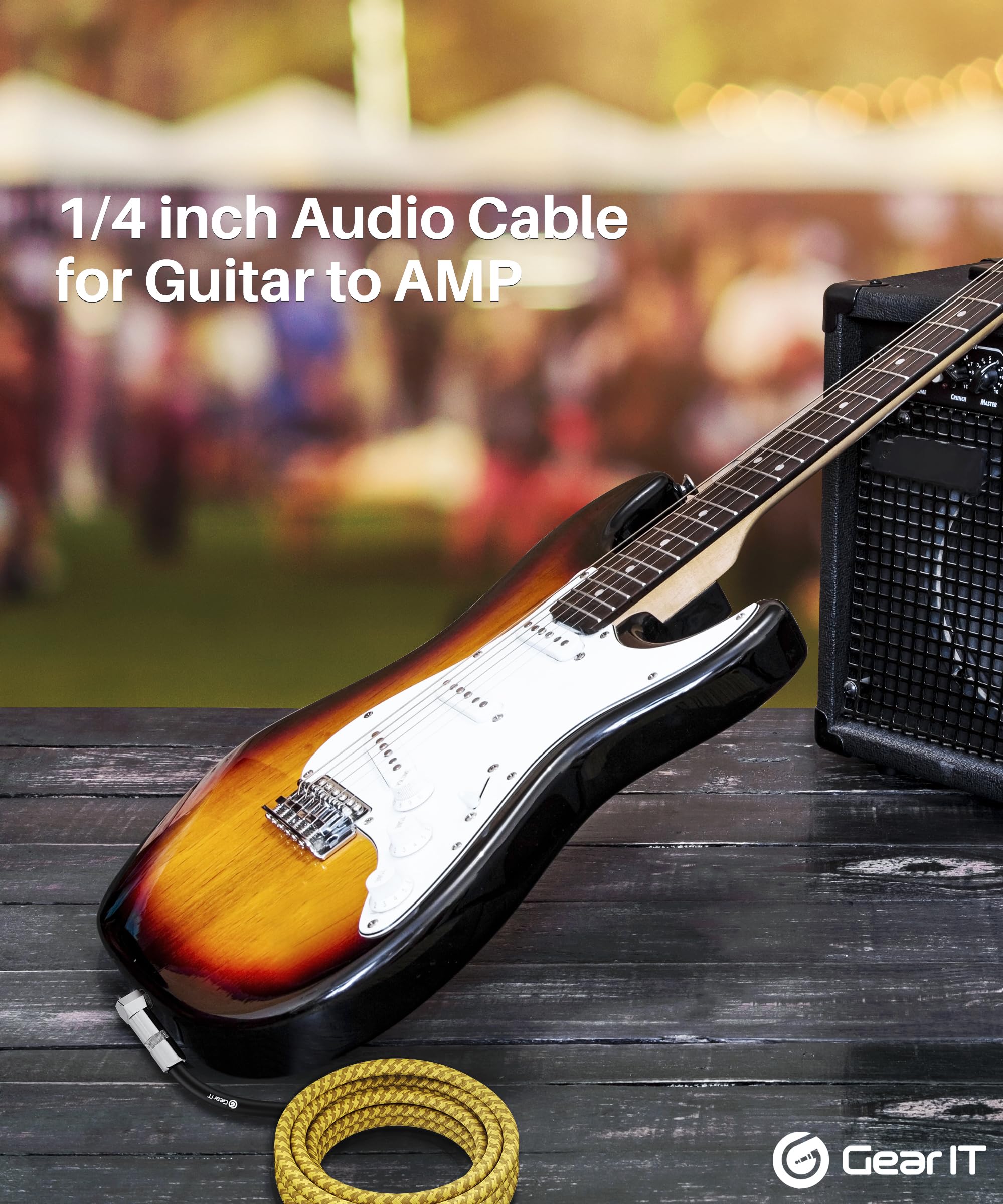 GearIT Audio Instrument Cable (10ft) Right Angle to Straight 1/4 Inch Male to Male for AMP Cord, Base and Electric Guitar - Black/White