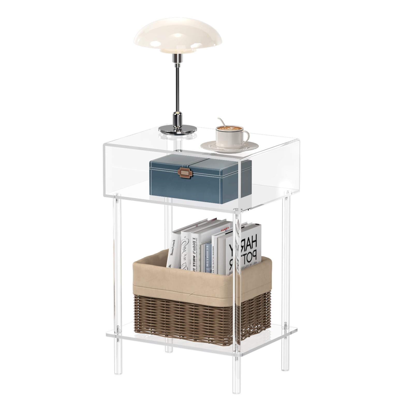 Aquiver Acrylic Nightstand - Modern Bedside Table with Open Storage - Small Side Table/End Table for Bedroom, 2 Tier, 15.6'' L x 11.6'' W x 23.4'' H