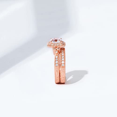 Amazon Essentials Rose Gold Plated Sterling Silver Infinite Elements Cubic Zirconia Asscher Antique Wedding Ring Set, Size 9 (previously Amazon Collection)