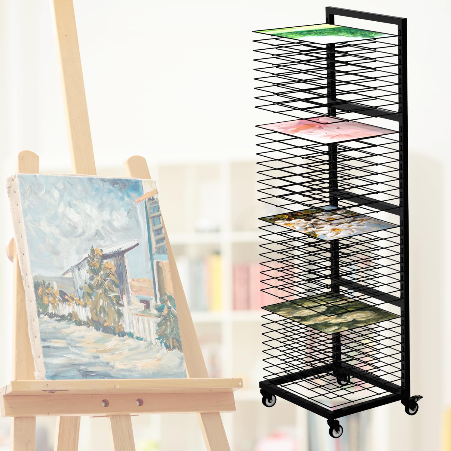 BERPET Art Drying Rack with Lockable Wheels, Painting Drying Rack with 36 Removable Shelves, Canvas Rack Art Storage for Classrooms, Art Studio, Art Clubs,13 3/4" D x 17 1/2" W x 55 1/2" H - Black