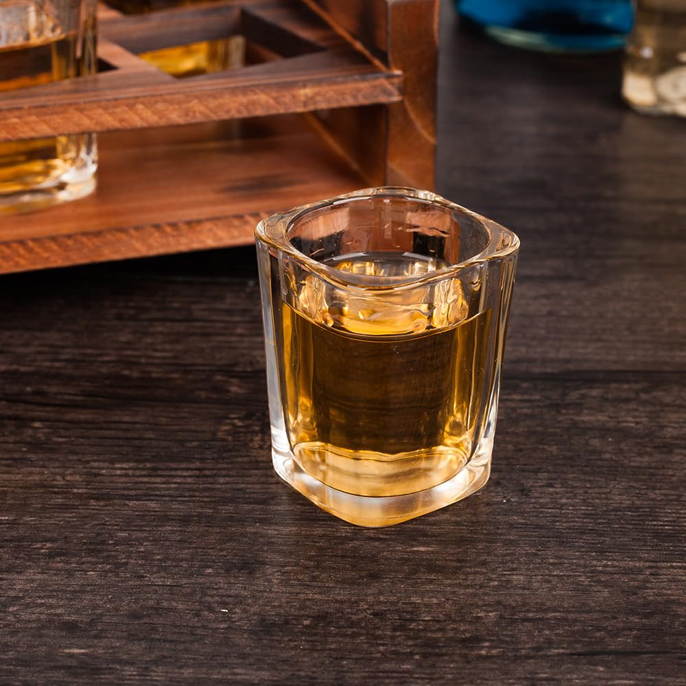 BARGIFTS 12pc Shot Glass Set,Party Server Shot Glasses Set with Rustic Rufous Wood Serving Tray,Crystal Shot Glass for Whiskey, Party & Collection