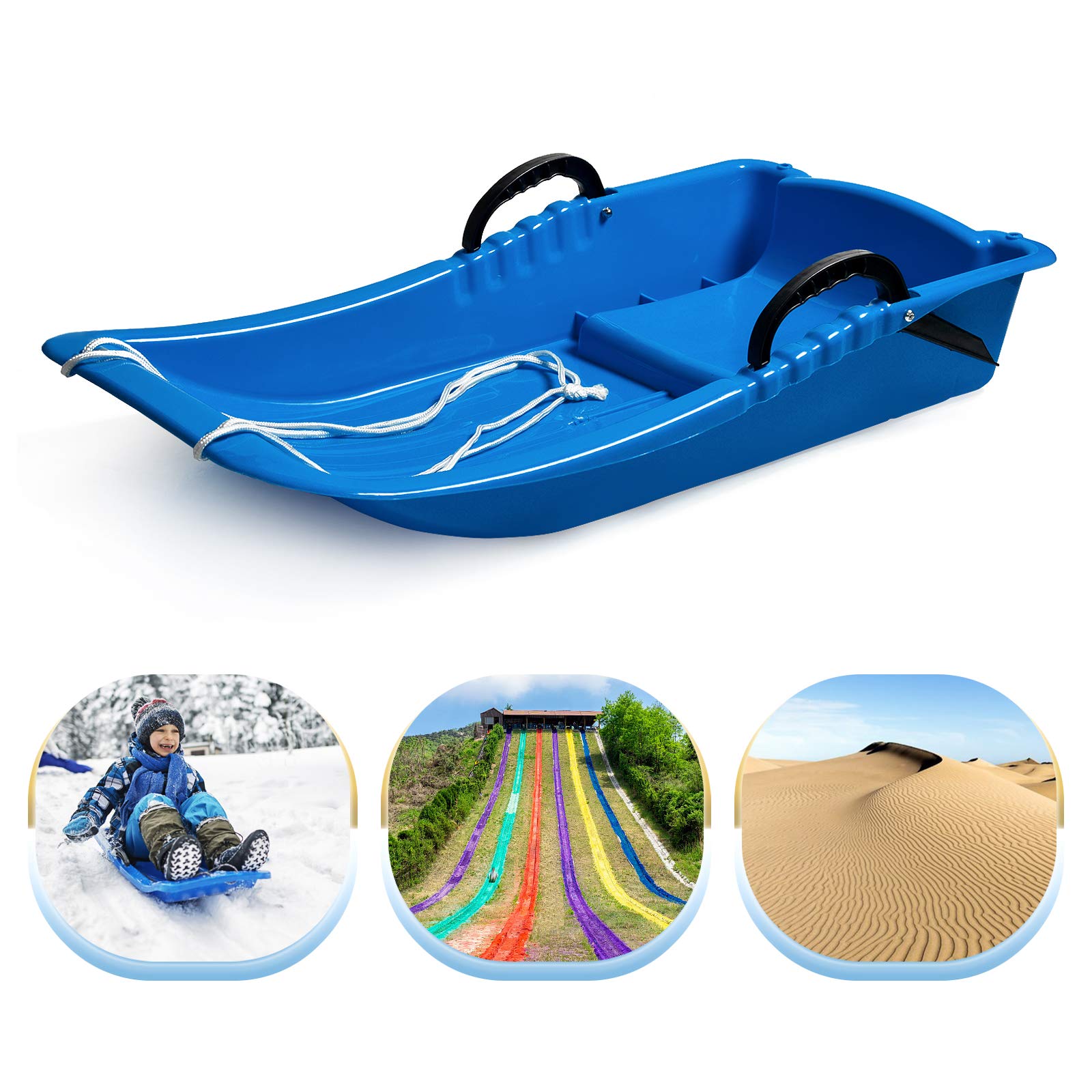 AGPTEK 31 Inch Winter Outdoor Toboggan Snow Sled Downhill Snow Board for Boys Girls, with Brakes & Pulling Rope,Blue