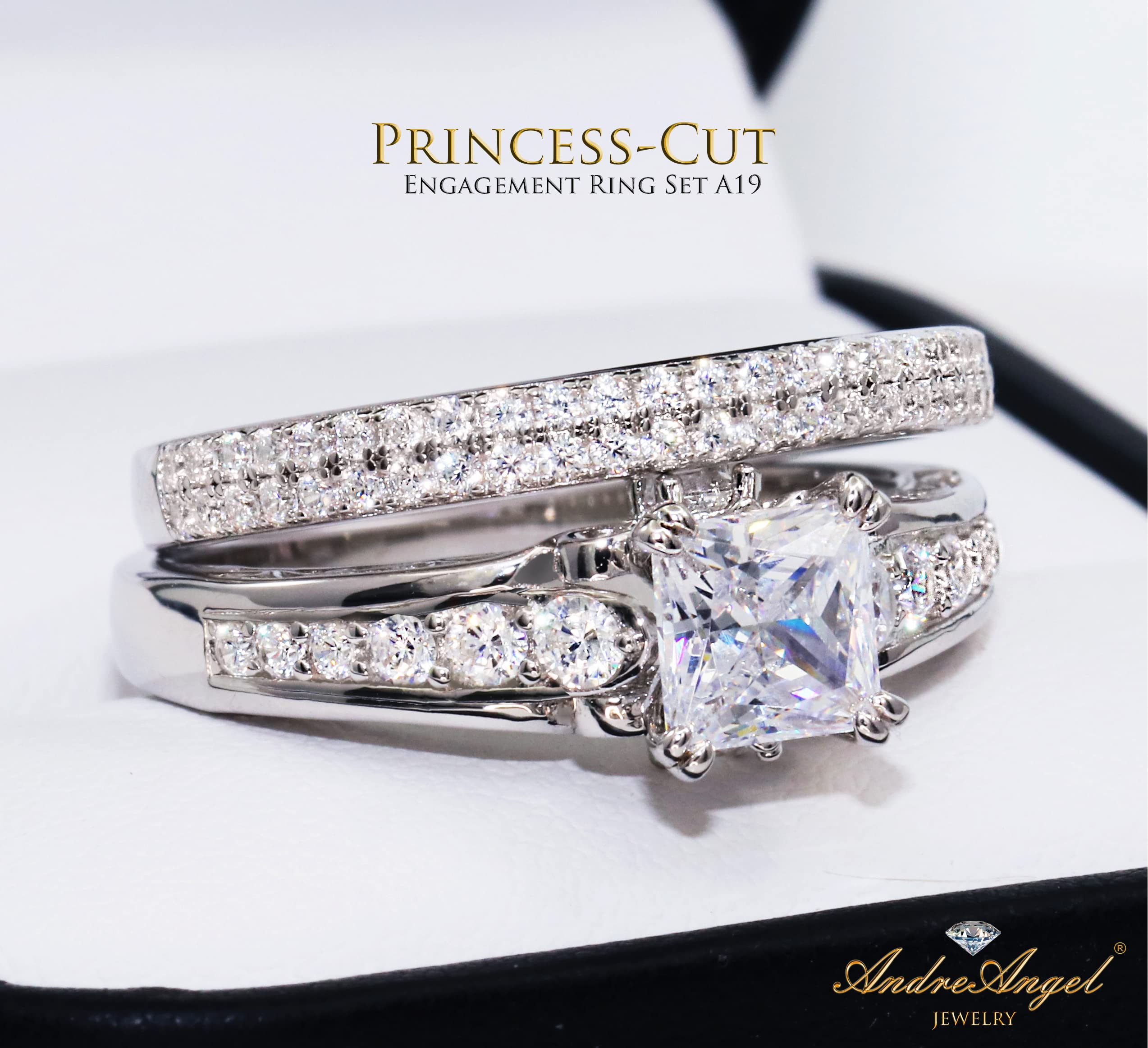 AndreAngel Engagement Ring Set for Women 2 pcs, Princess Cut 0.75 Carat, Solid Sterling Silver 925, 50 Cubic Zirconia Stones High Grade AAAAA+