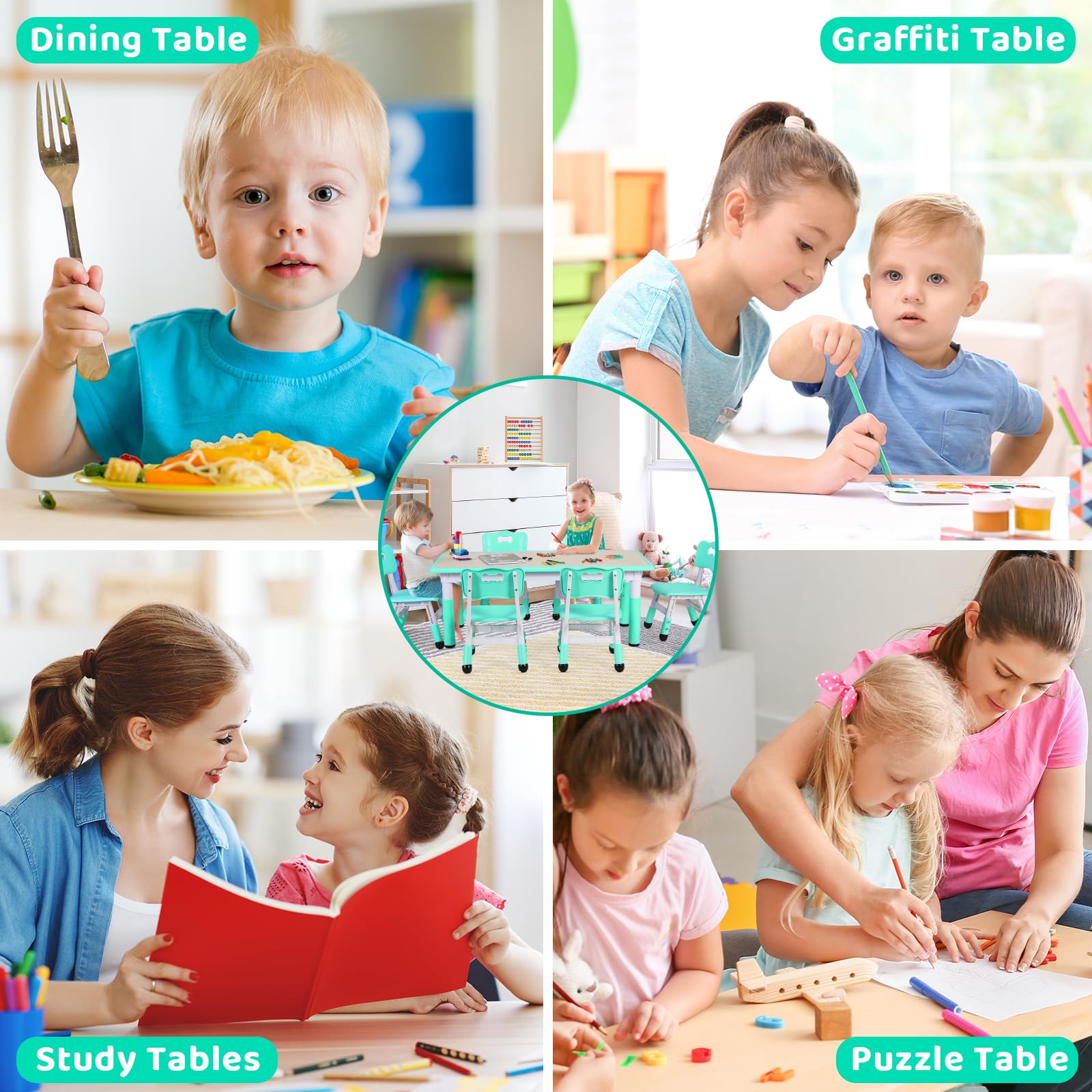 Arlopu Kids Table and 6 Chairs Set, Height Adjustable Graffiti Table, Preschool Activity Art Craft Table, for Daycare Classroom Home Boys and Girls Age 3-12 (Light Green)