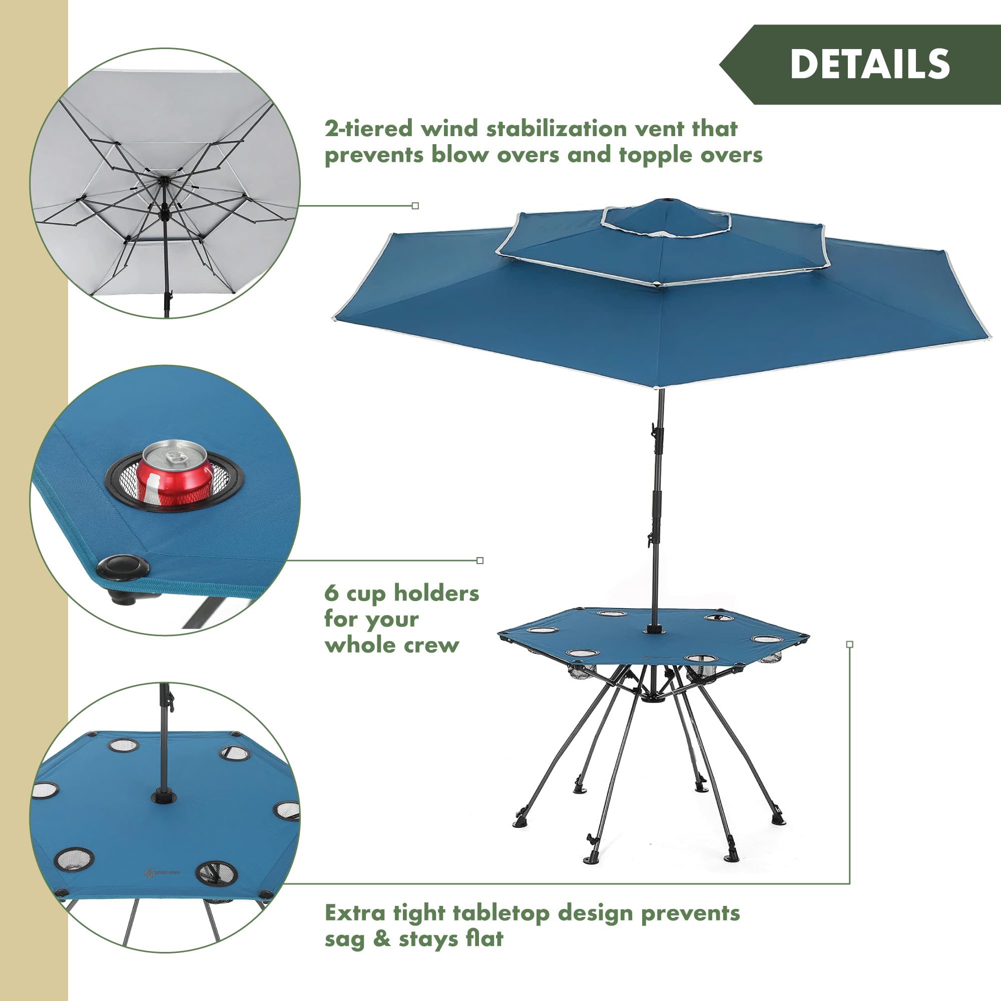 ARROWHEAD OUTDOOR 8FT Beach Umbrella & Folding Table, Wind Stabilization Vent, Adjustable Tilt, Stakes & Anchor Included, 6 Cup Holders, UBF 50+ Protection, Carrying Case w/Backpack Straps, Blue